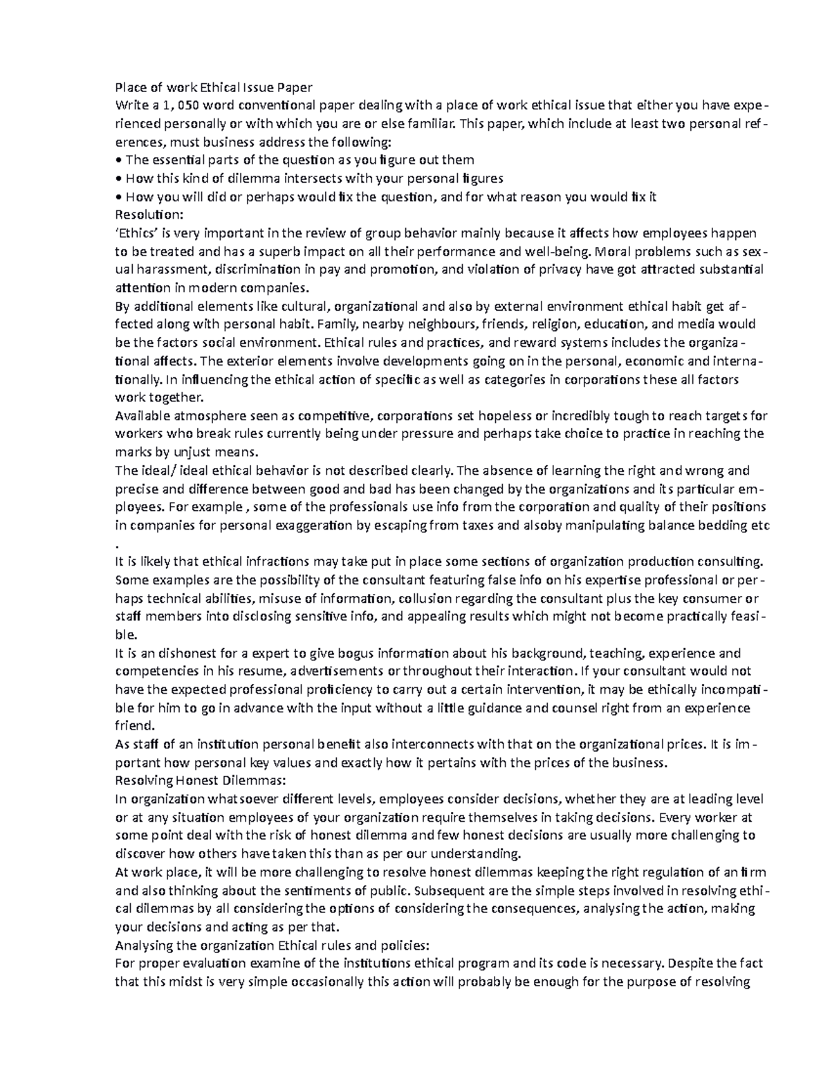 Workplace Ethical Dilemma Paper 5 - Place of work Ethical Issue Paper ...