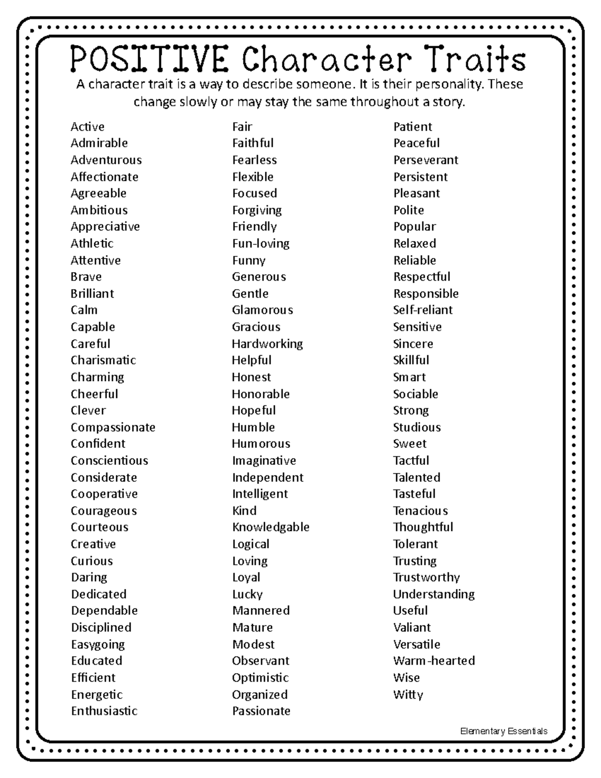 List of traits vocabulary - Ac#ve Admirable Adventurous Affec#onate ...