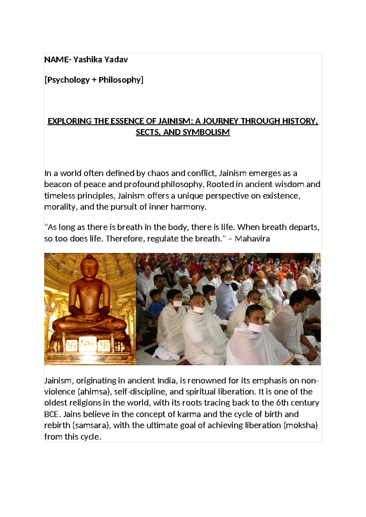 Philosophy Jainism - NAME- Yashika Yadav [Psychology + Philosophy ...