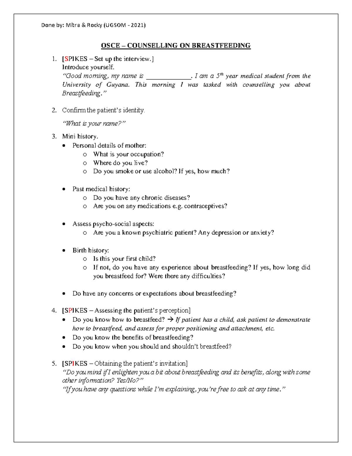 OSCE – Counselling ON Breastfeeding - OSCE – COUNSELLING ON ...