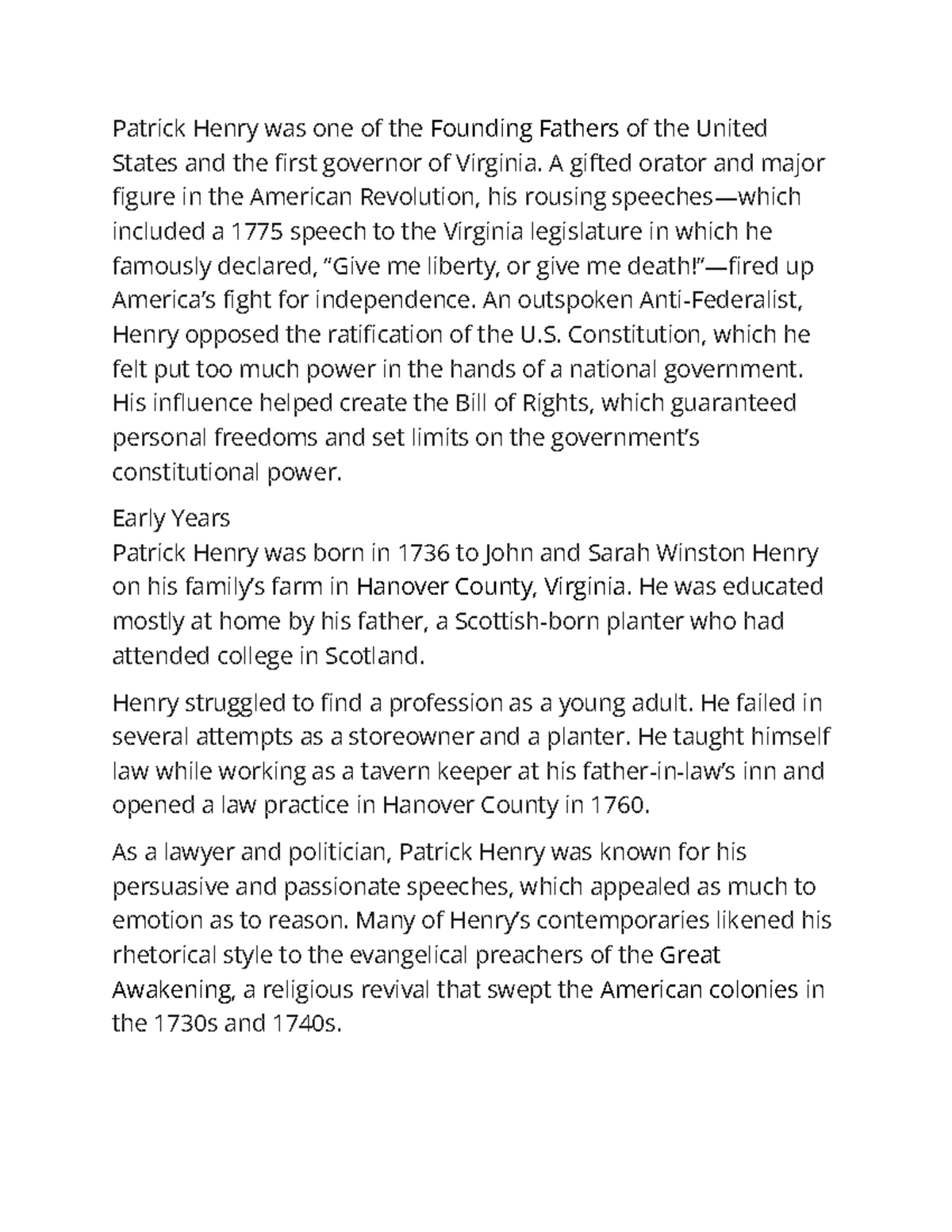 Patrick Henry Notes - Patrick Henry was one of the Founding Fathers of ...