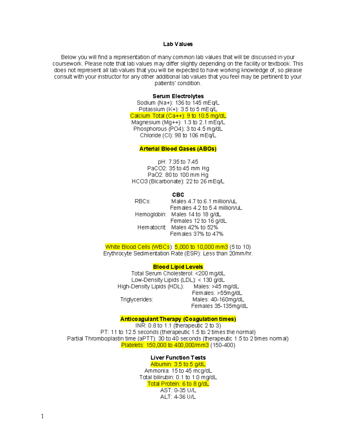 Lab Values & Therapeutic Drug Levels - Lab Values Below you will find a ...