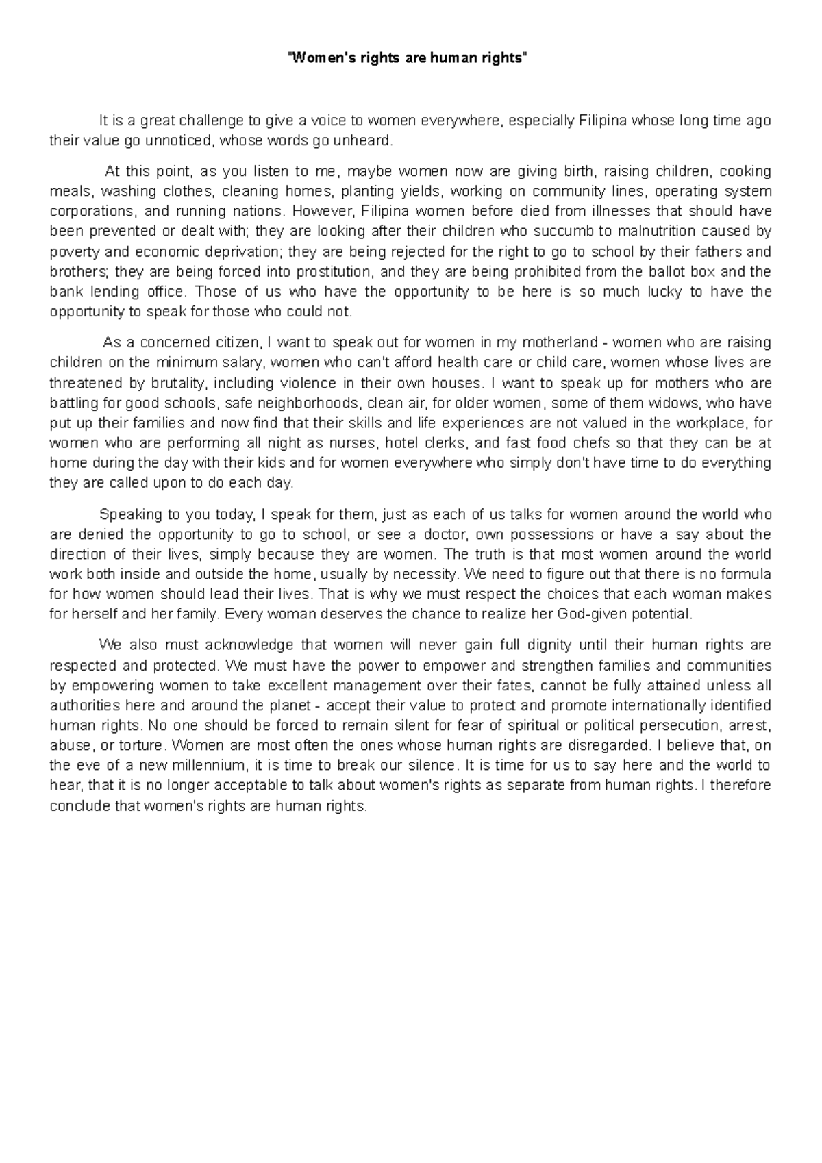 Speech-womens-Rights - "Women's rights are human rights" It is a great ...