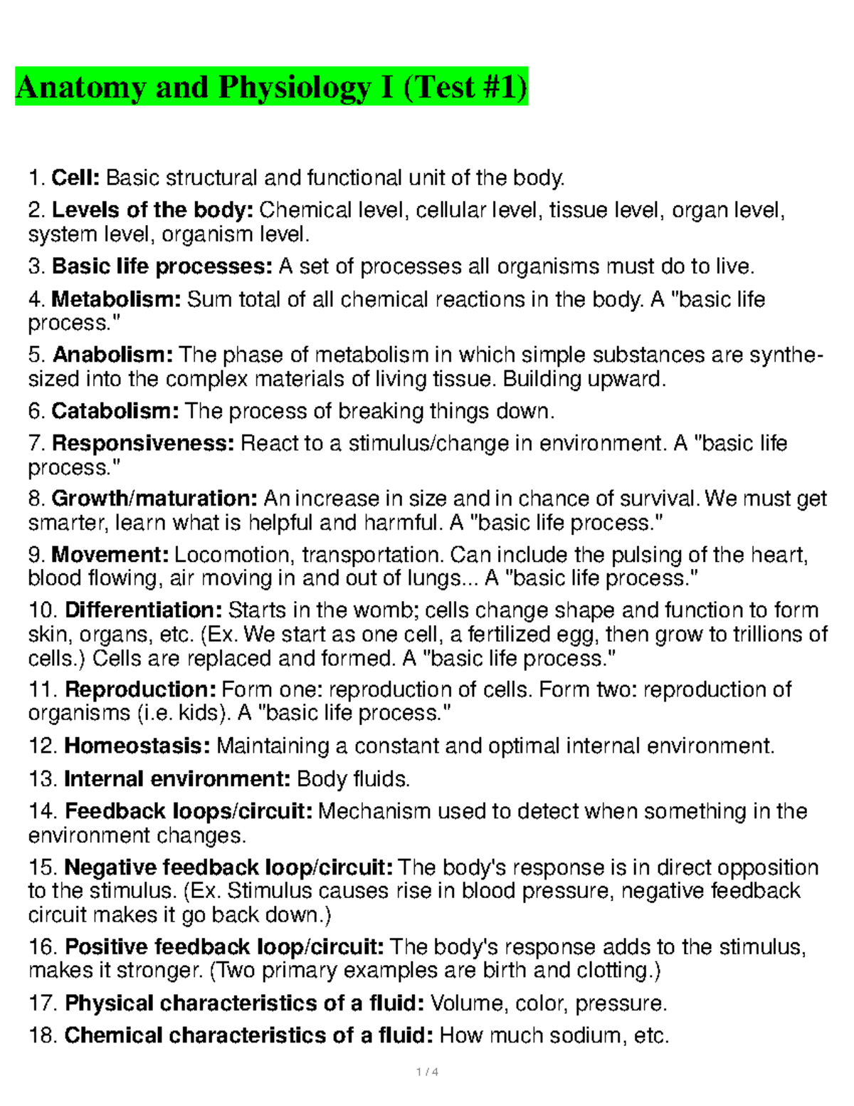 Anatomy and Physiology I (Test #1) - Levels of the body: Chemical level ...