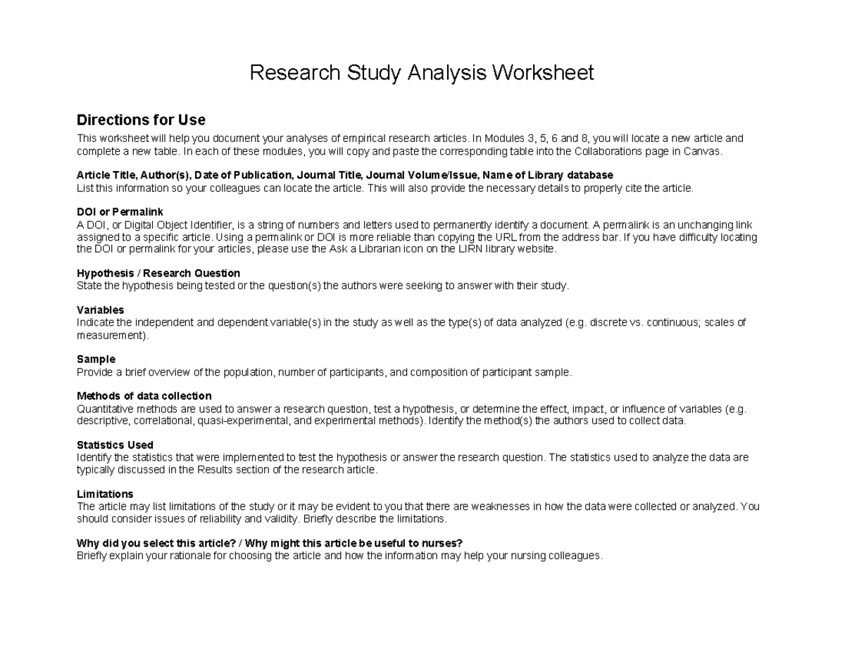 Research Study Analysis Worksheet Templates 2 - Directions for Use This ...