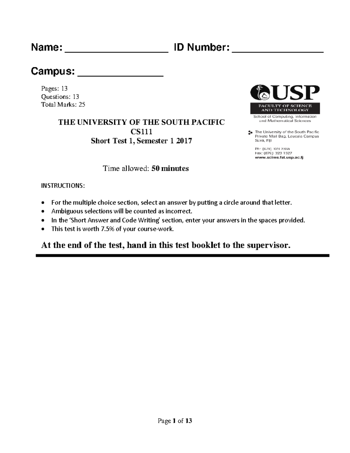 CS111 - Test One Guide- Semester One - 2017 - Name ...