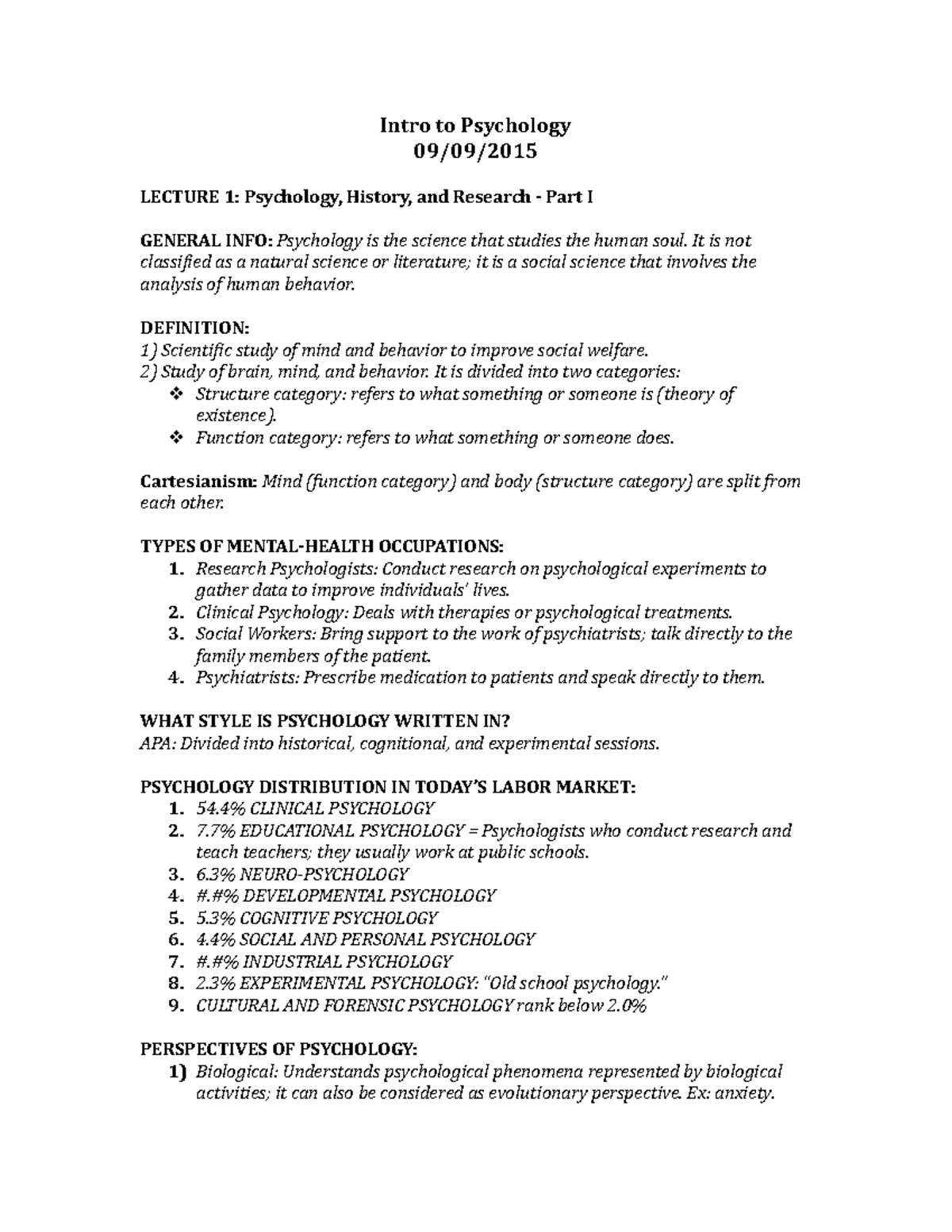 Lecture 1 - Introduction to Psychology - Intro to Psychology 09/09 ...