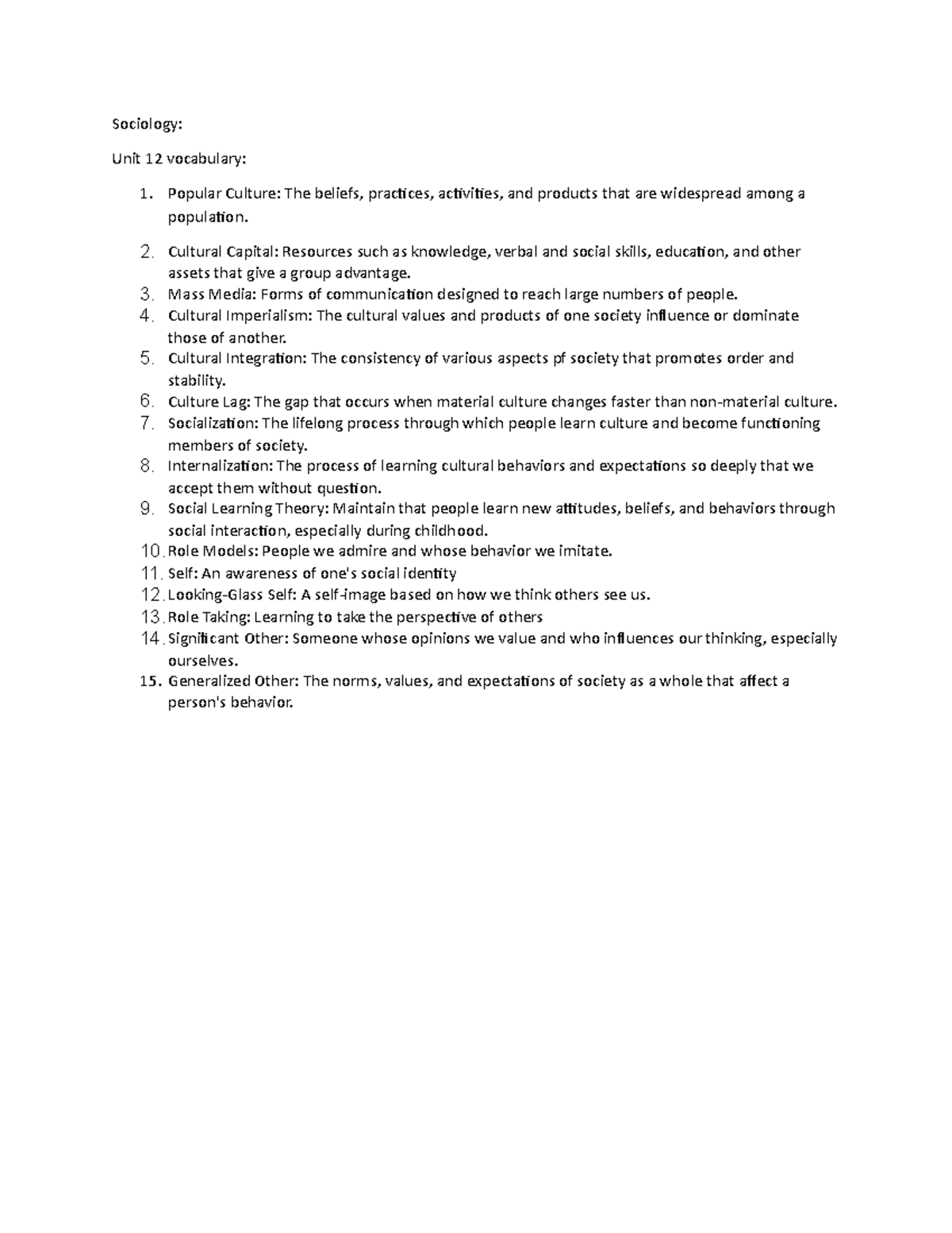 Sociology unit 12 vocabulary - Sociology: Unit 12 vocabulary: 1 ...
