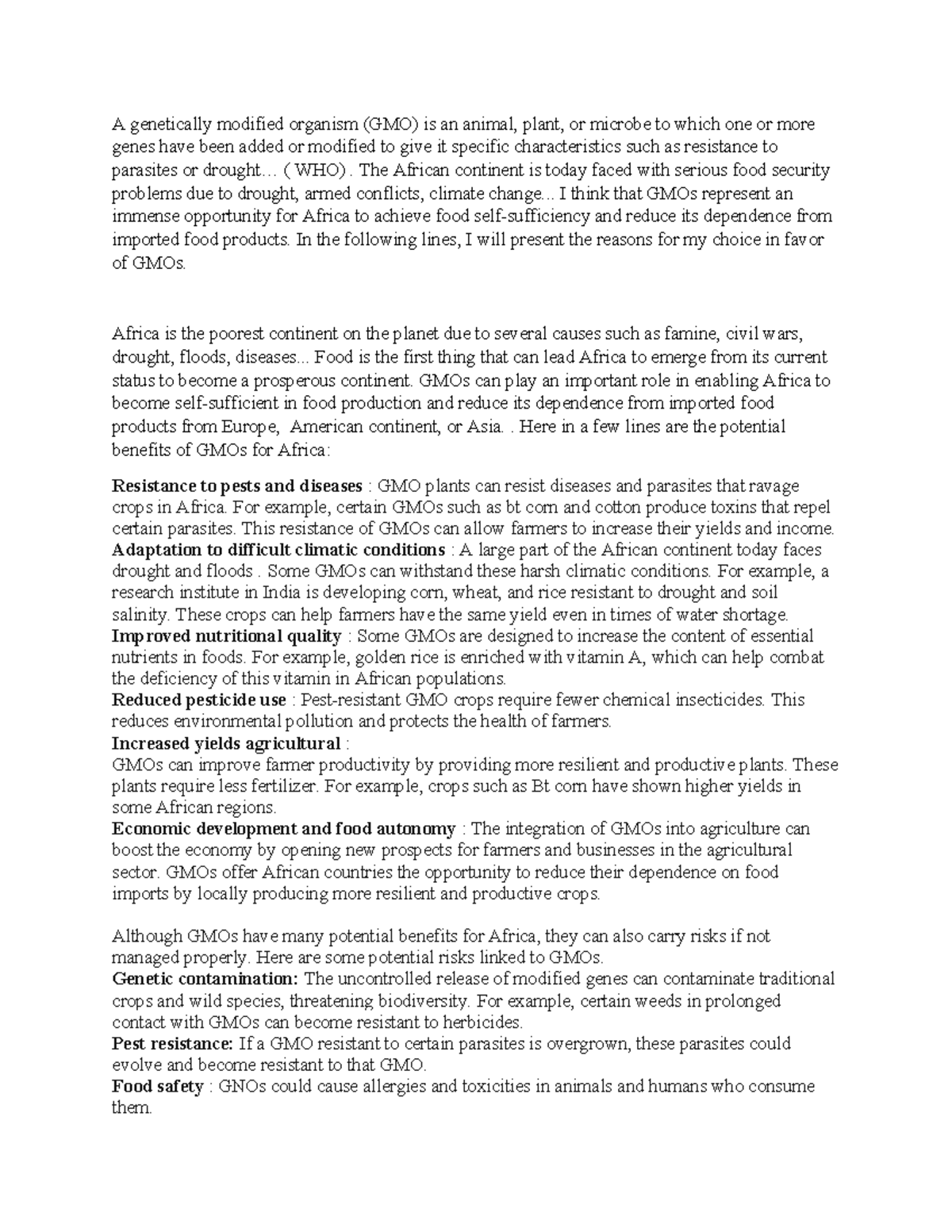 Written Assignment Unit7 - A genetically modified organism (GMO) is an ...