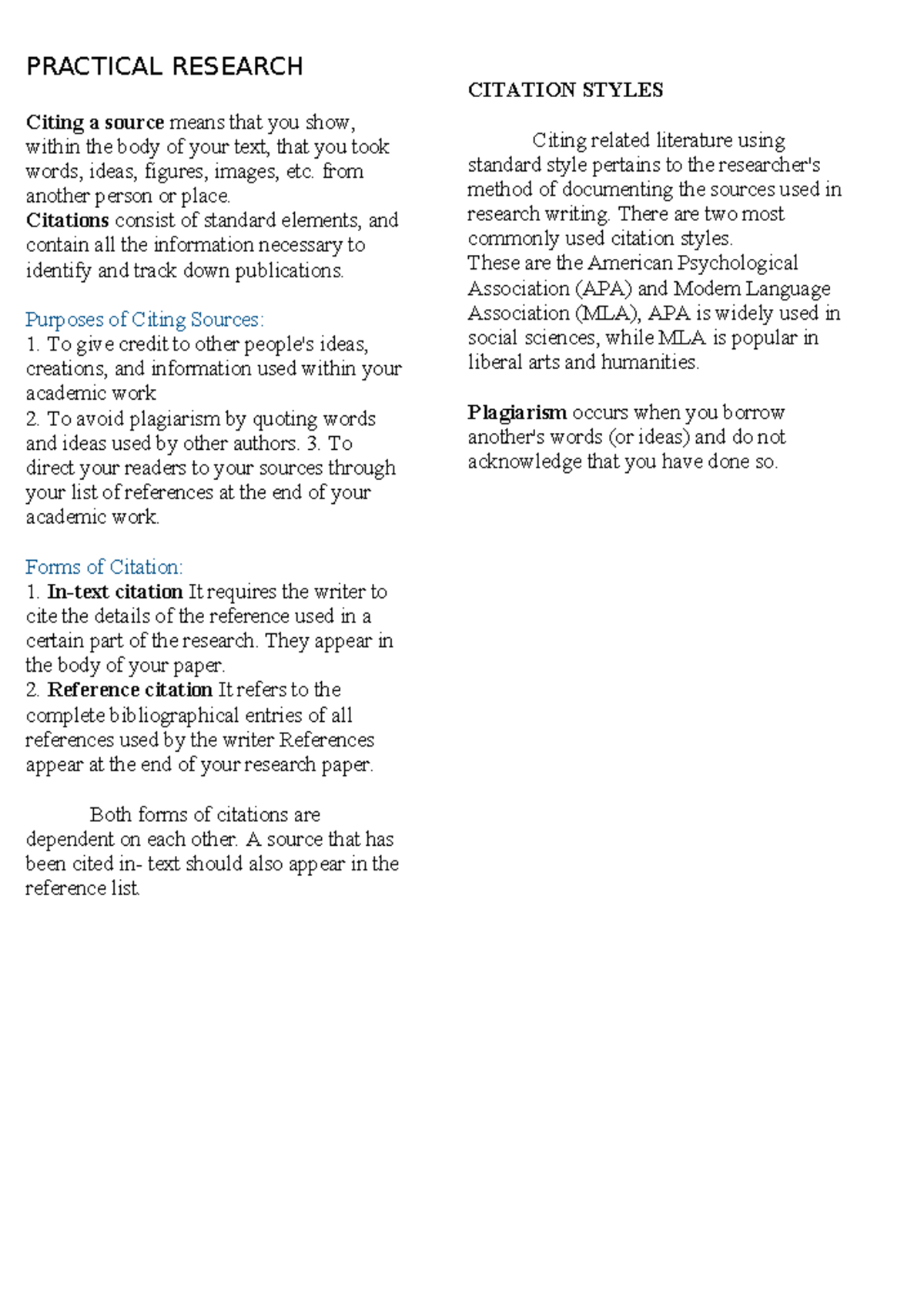 NOTES FOR PRACTICAL R1 - PRACTICAL RESEARCH Citing a source means that ...