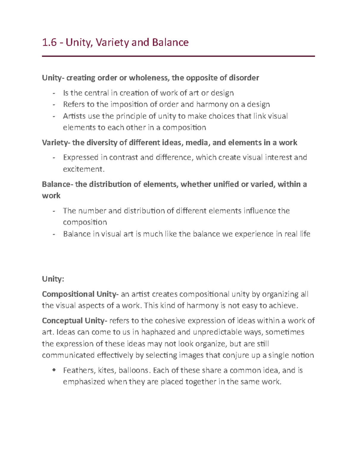 Chapter1.6Notes - 1 - Unity, Variety and Balance Unity- creating order ...