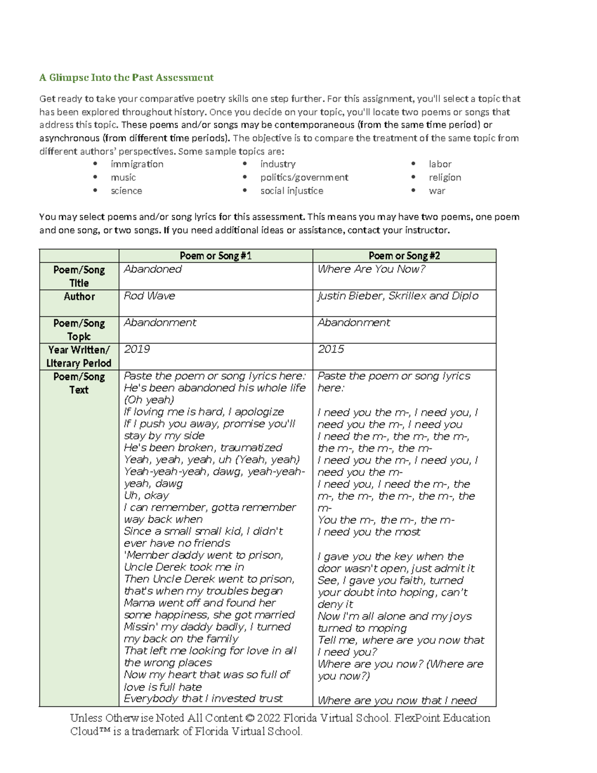 A glimpse into the past assess rubric - A Glimpse Into the Past ...