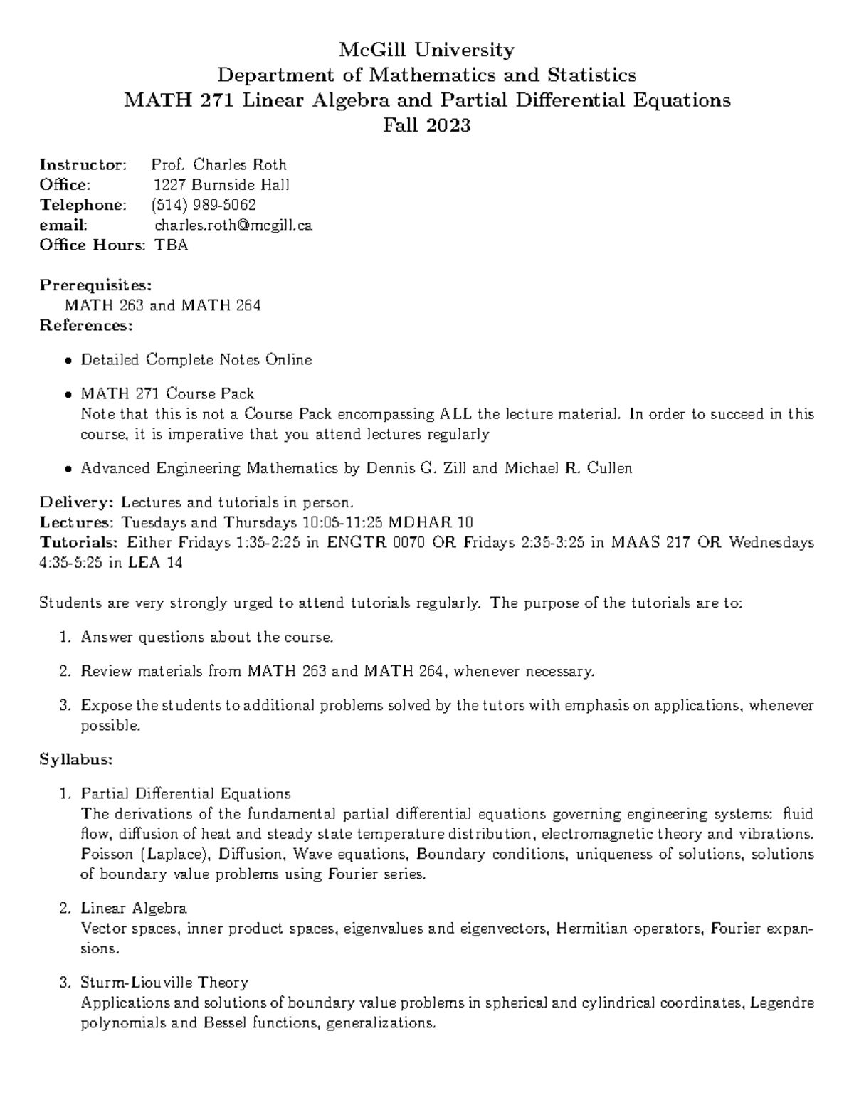 MATH 271 Course Outline - McGill University Department of Mathematics ...