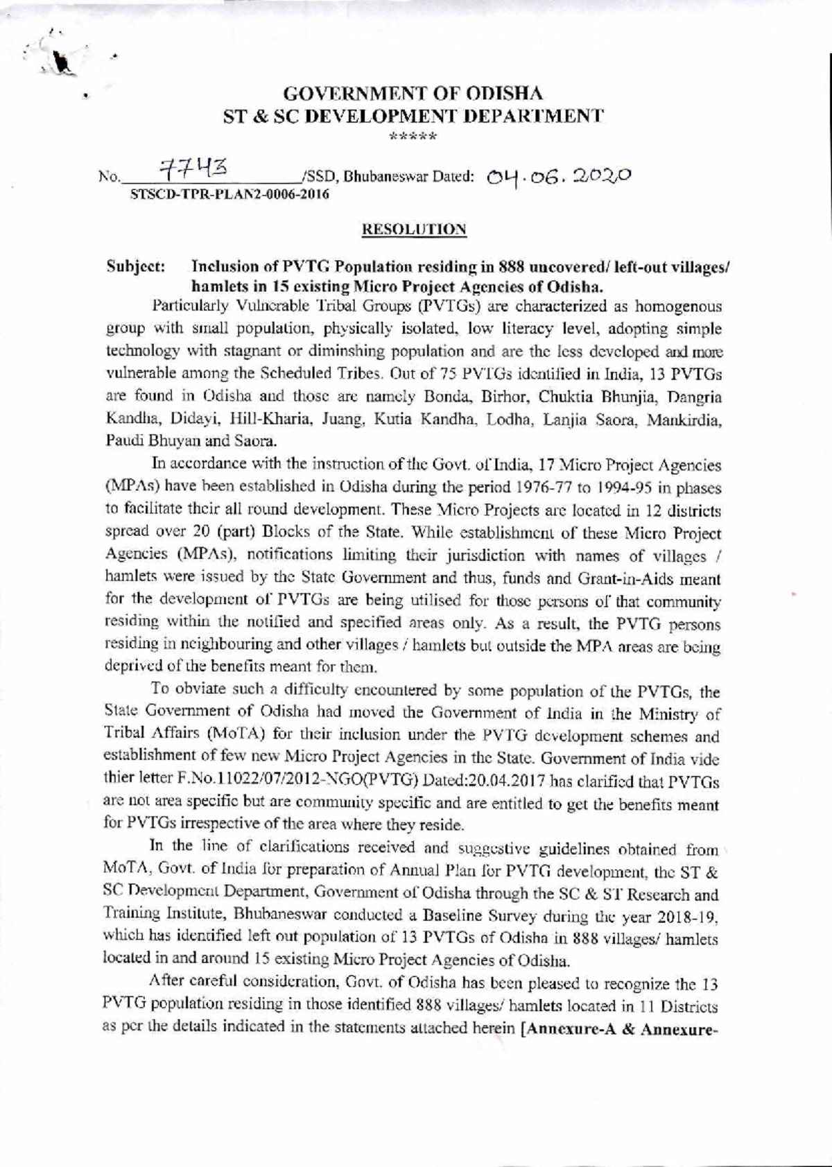 No.7743 dt. 4 - Dte micro - GOVERNMENT OF ODISHA ST & SC DEVELOPMENT DEPARTMENT No. q-*1-1 - Studocu