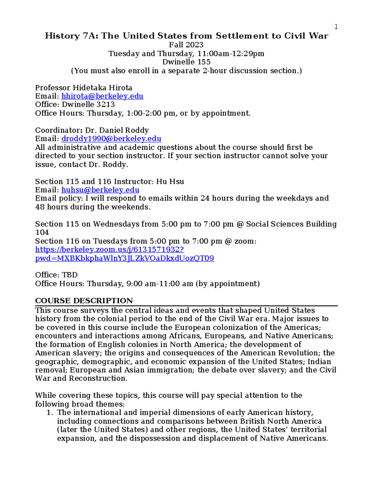 7A seciton 115 & 116 syllabus - History 7A: The United States from ...