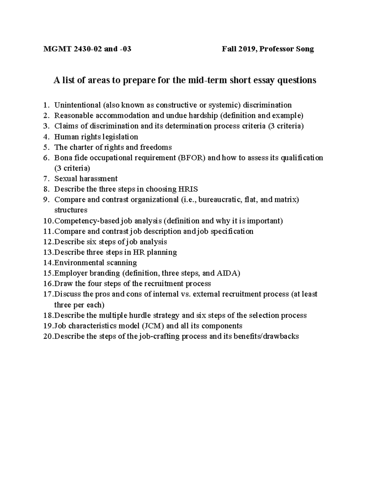 A list for midterm short essay questions - MGMT 2430-02 and -03 Fall ...