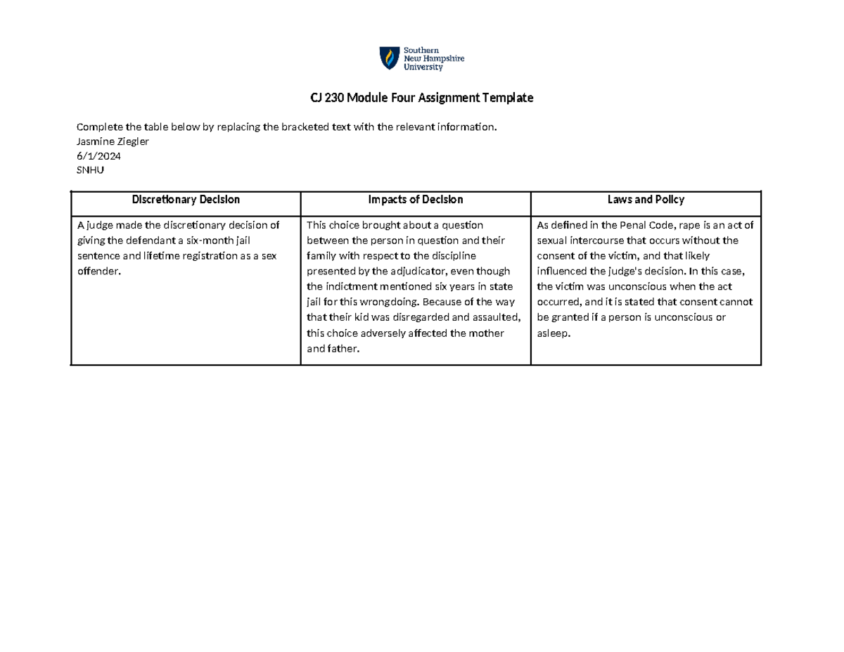 CJ 230 Module Four Assignment - Jasmine Ziegler 6/1/ SNHU Discretionary ...