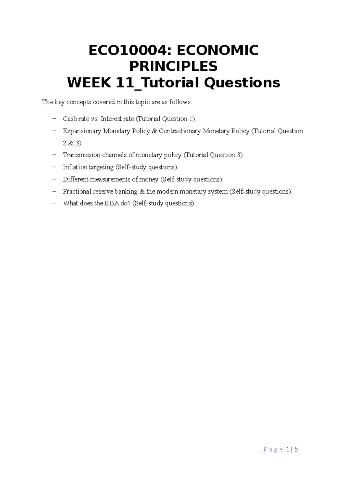 Week 11 Tutorial Questions - ECO10004: ECONOMIC PRINCIPLES WEEK 11 ...