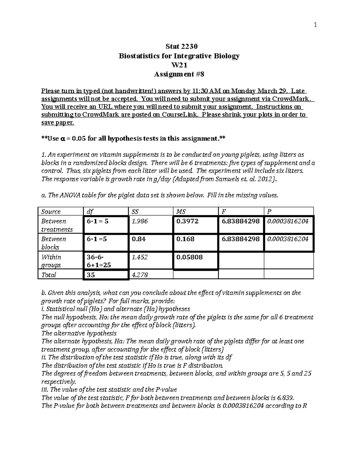 STAT2230 Lab Assignment 8 - Stat 2230 Biostatistics for Integrative Biology W Assignment Please ...