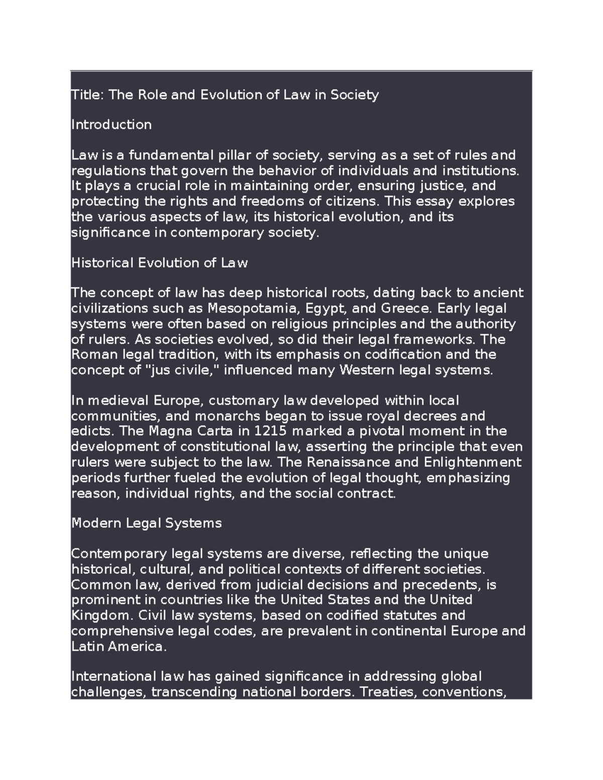 Law - essay about fundementals of law - Title: The Role and Evolution ...