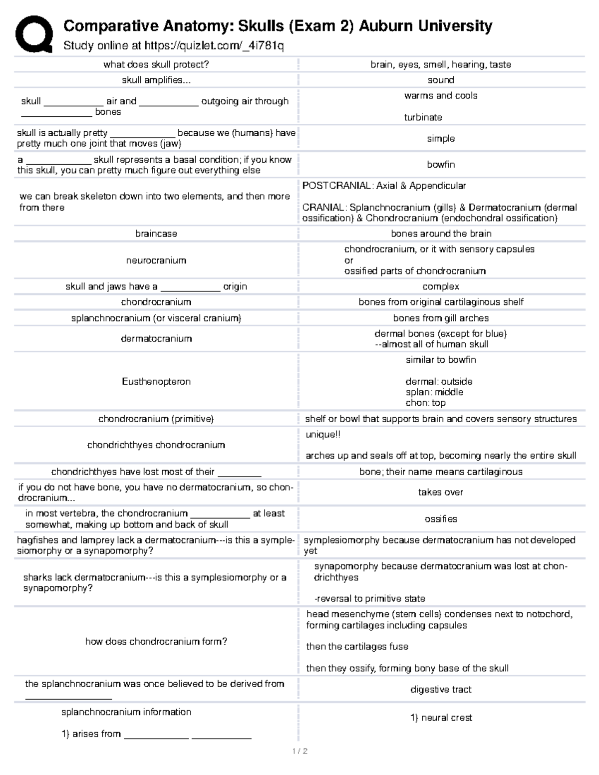Comparative Anatomy Skulls (Exam 2) Auburn University - Comparative ...