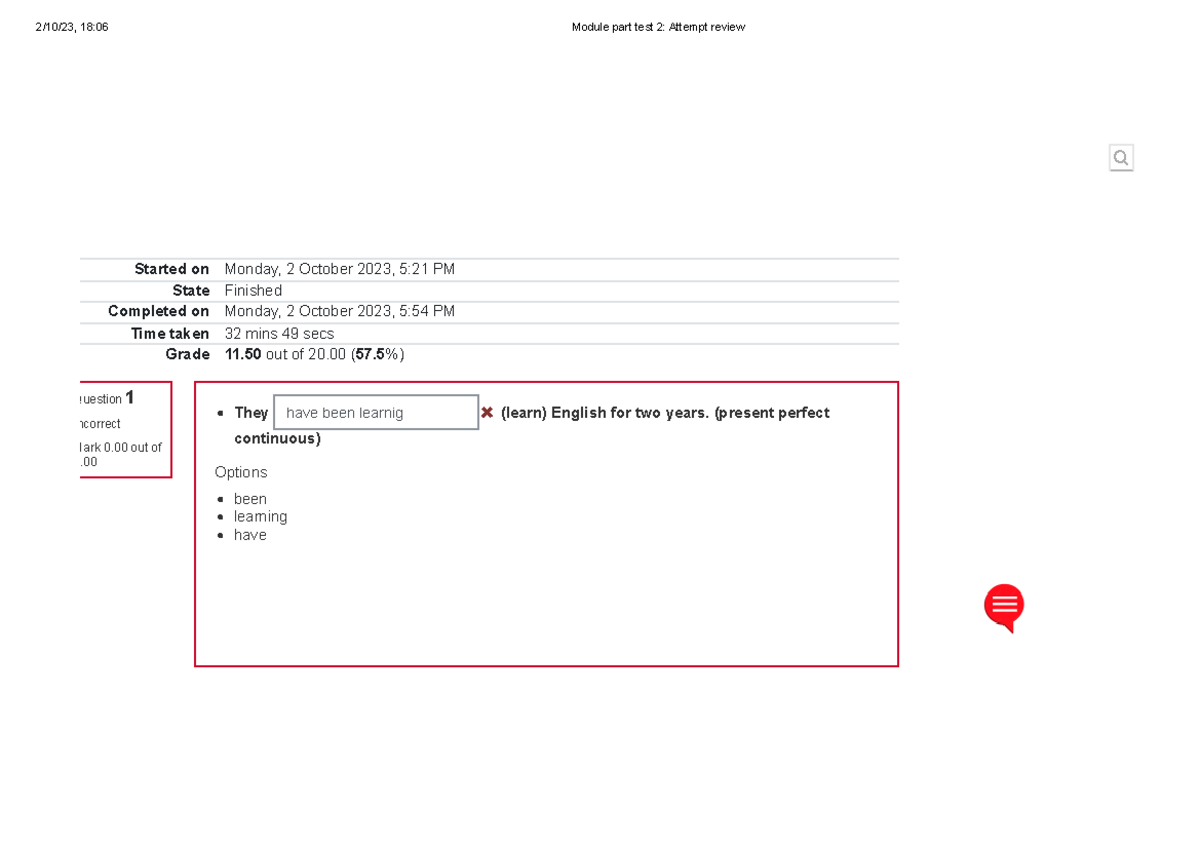 Module part test 2 Attempt review - Question 1 ncorrect Mark 0 out of ...