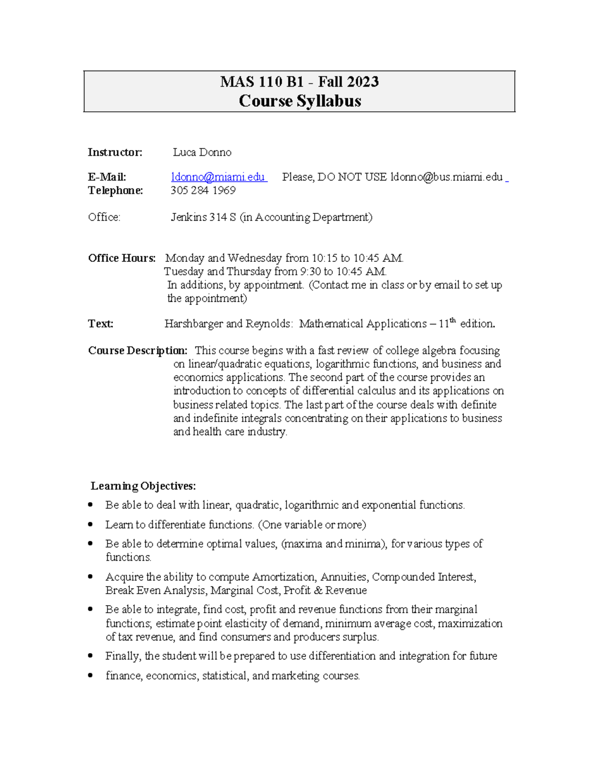 A MAS 110 B1 FALL 23 - Eejfjfjfj - MAS 110 B1 - Fall 2023 Course Syllabus Instructor: Luca Donno ...