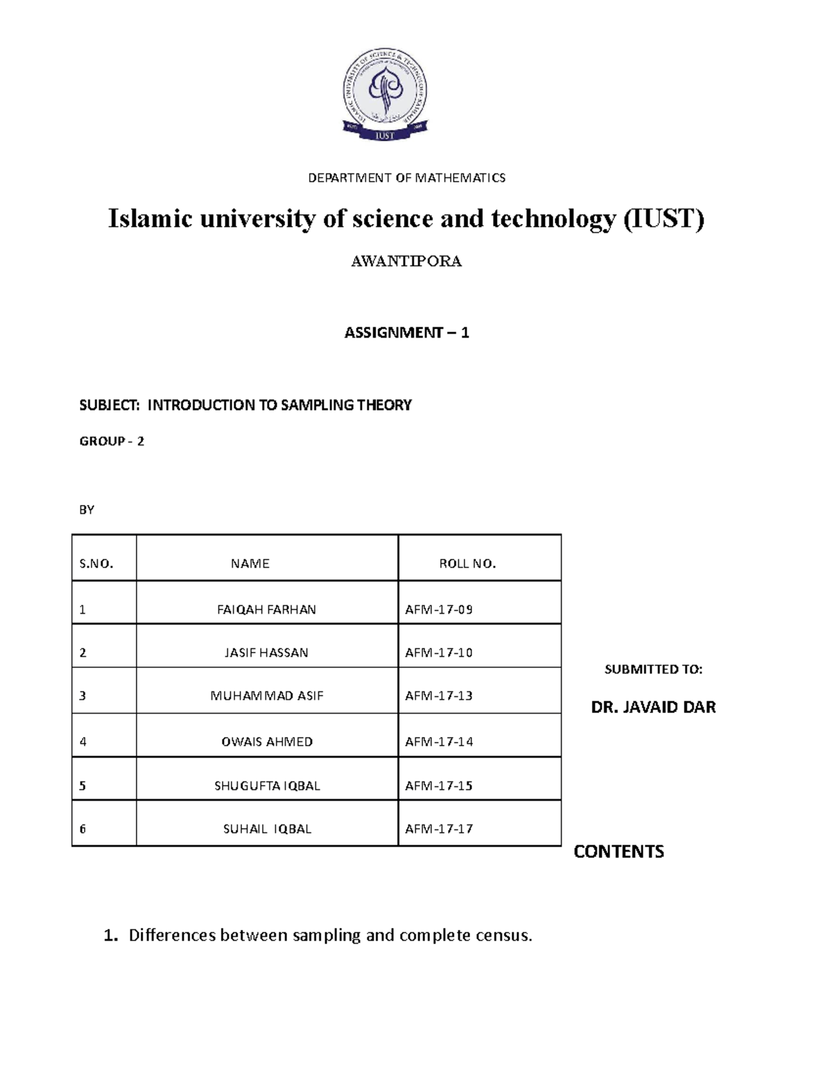 Sampling assignment group 2 - DEPARTMENT OF MATHEMATICS Islamic ...