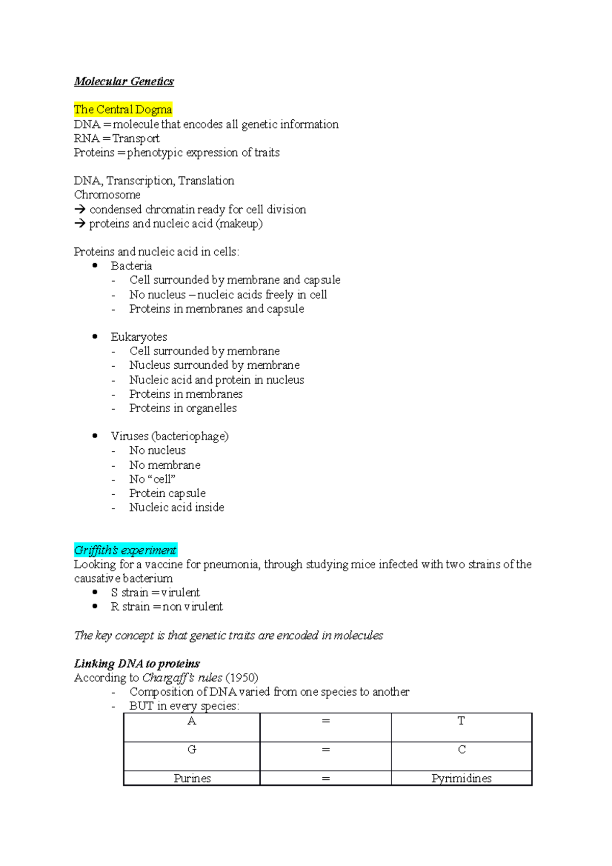 Molecular Genetics notes - Molecular Genetics The Central Dogma DNA ...