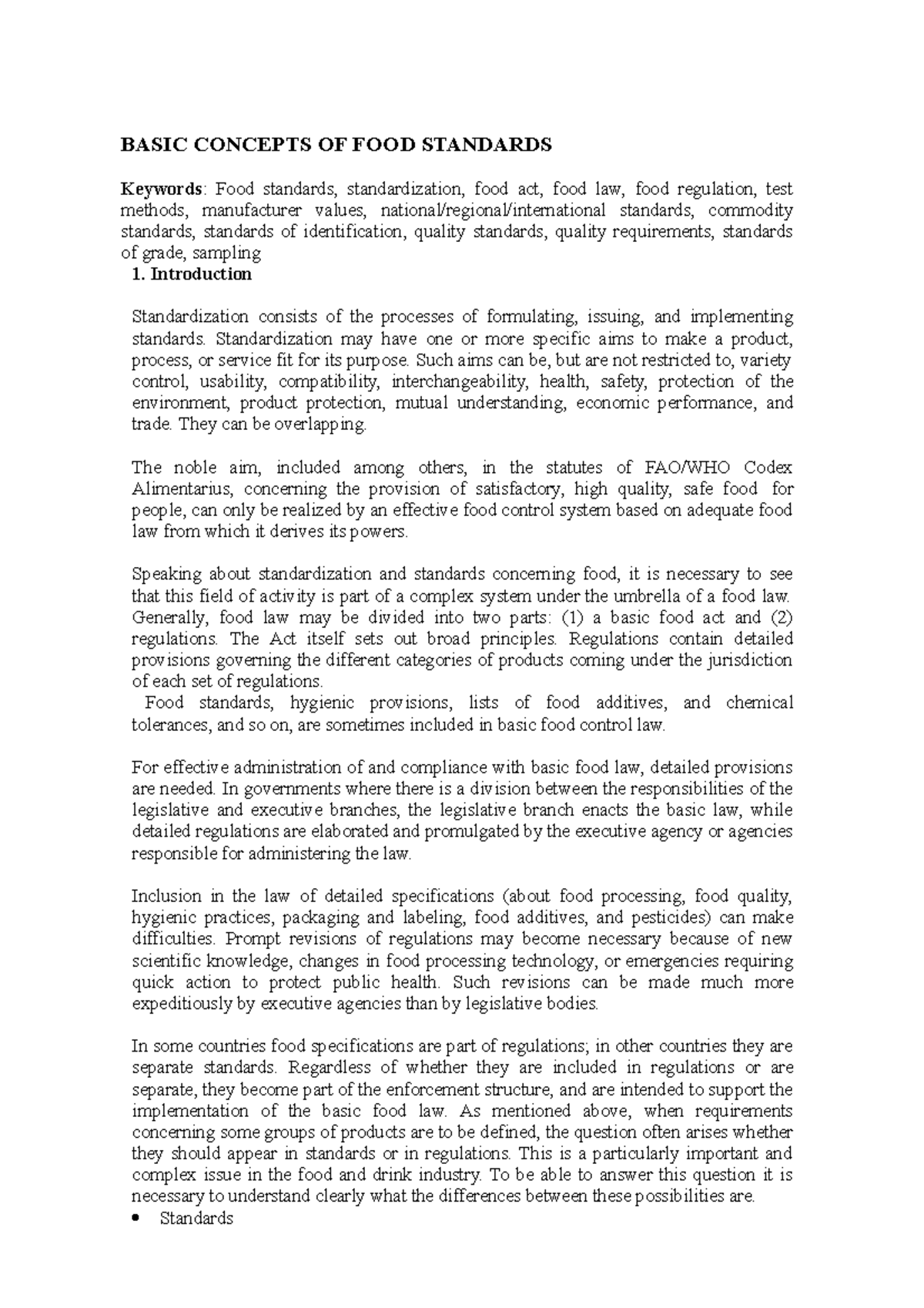 Standard - lecture note - BASIC CONCEPTS OF FOOD STANDARDS Keywords ...