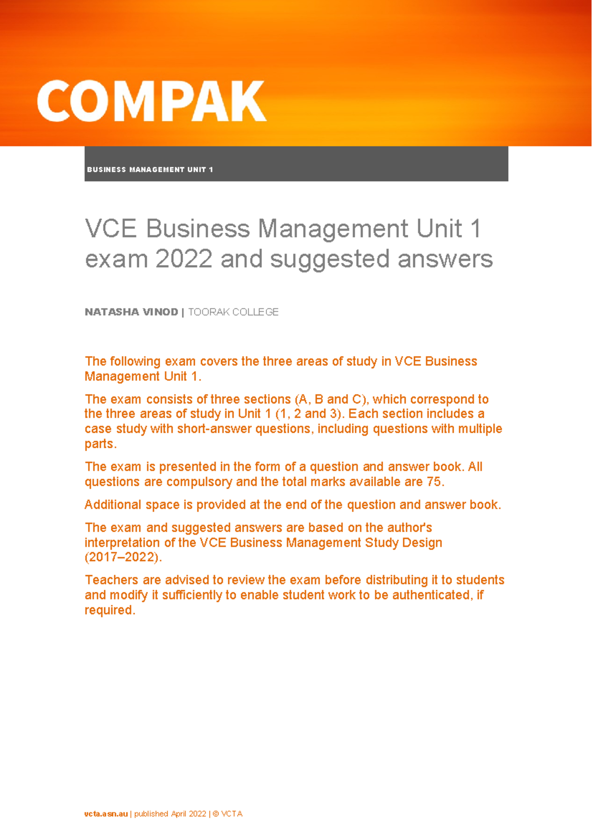 PRAC B Unit 1 Exam with Solutions - BUSINESS MANAGEMENT UNIT 1 VCE ...