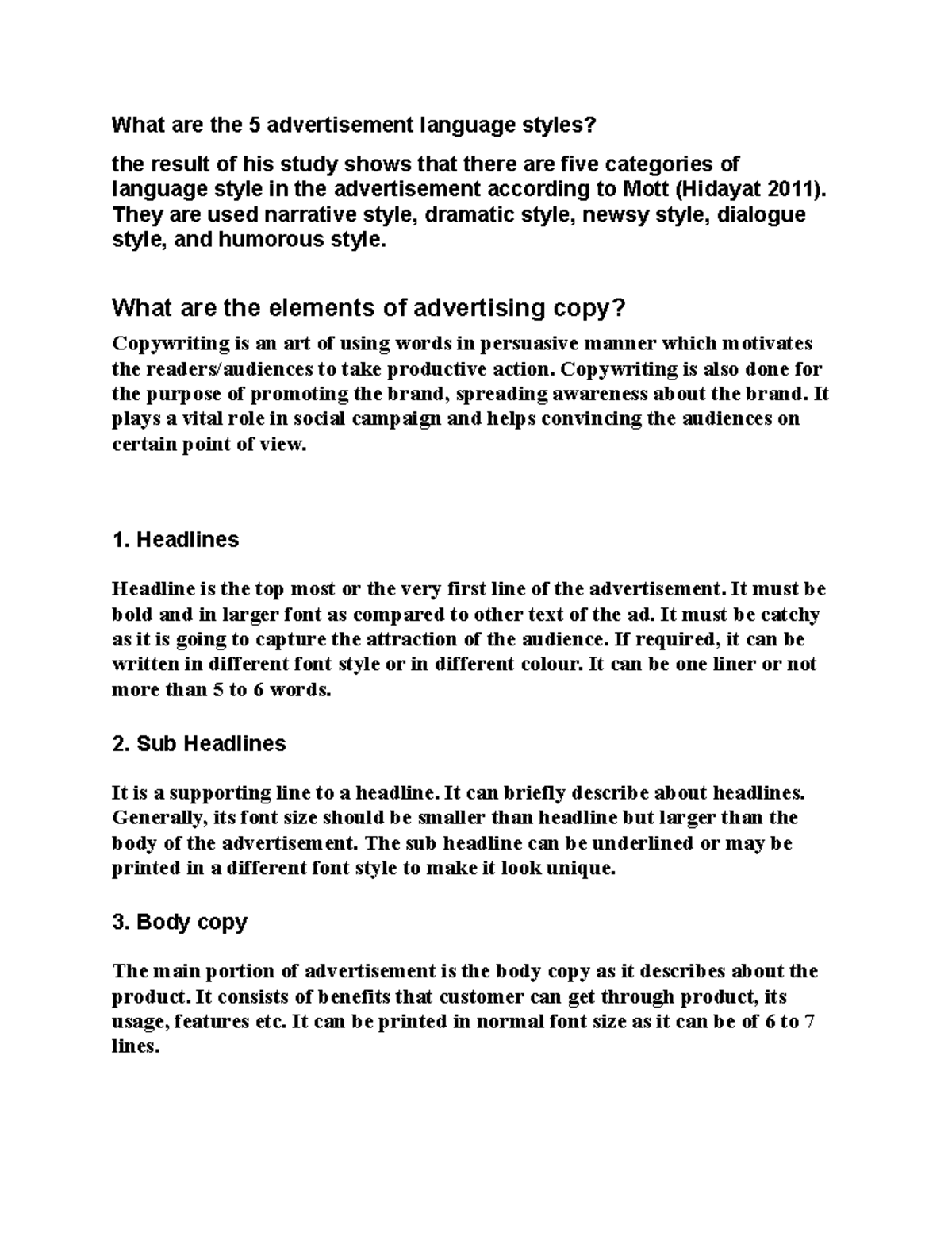 What are the 5 advertisement language styles - They are used narrative ...