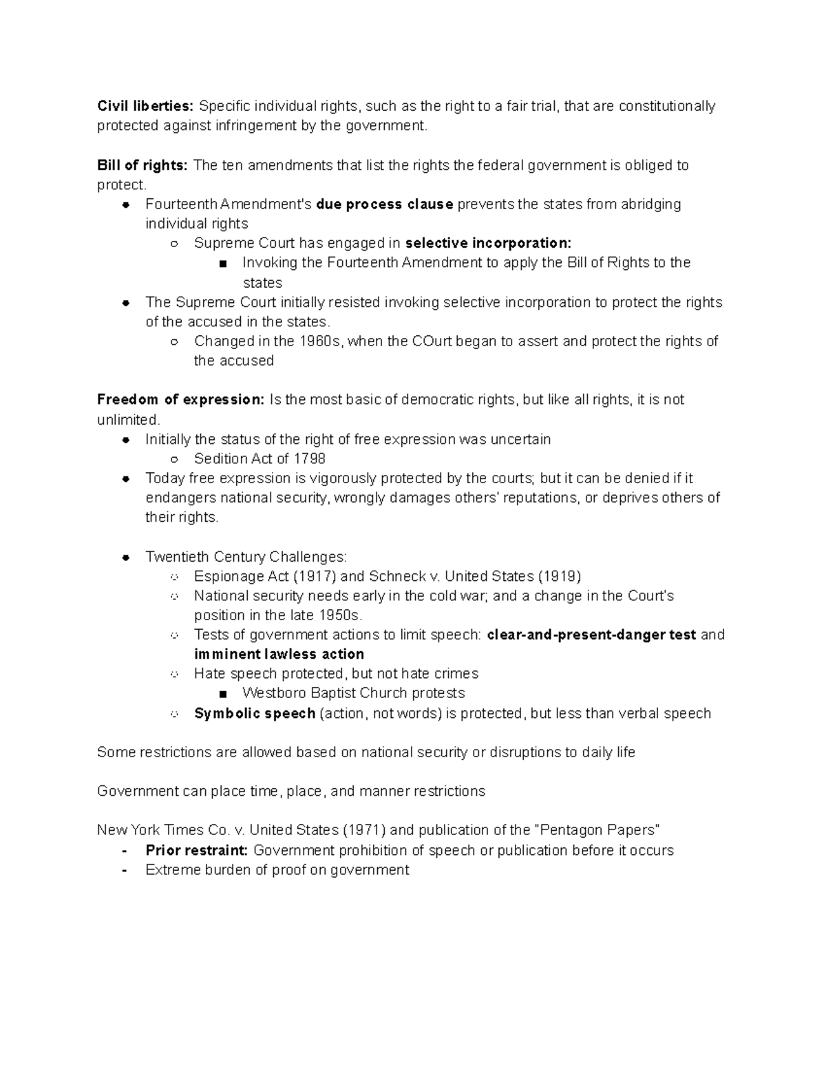 Chapter 4 - Notes - Civil liberties: Specific individual rights, such ...