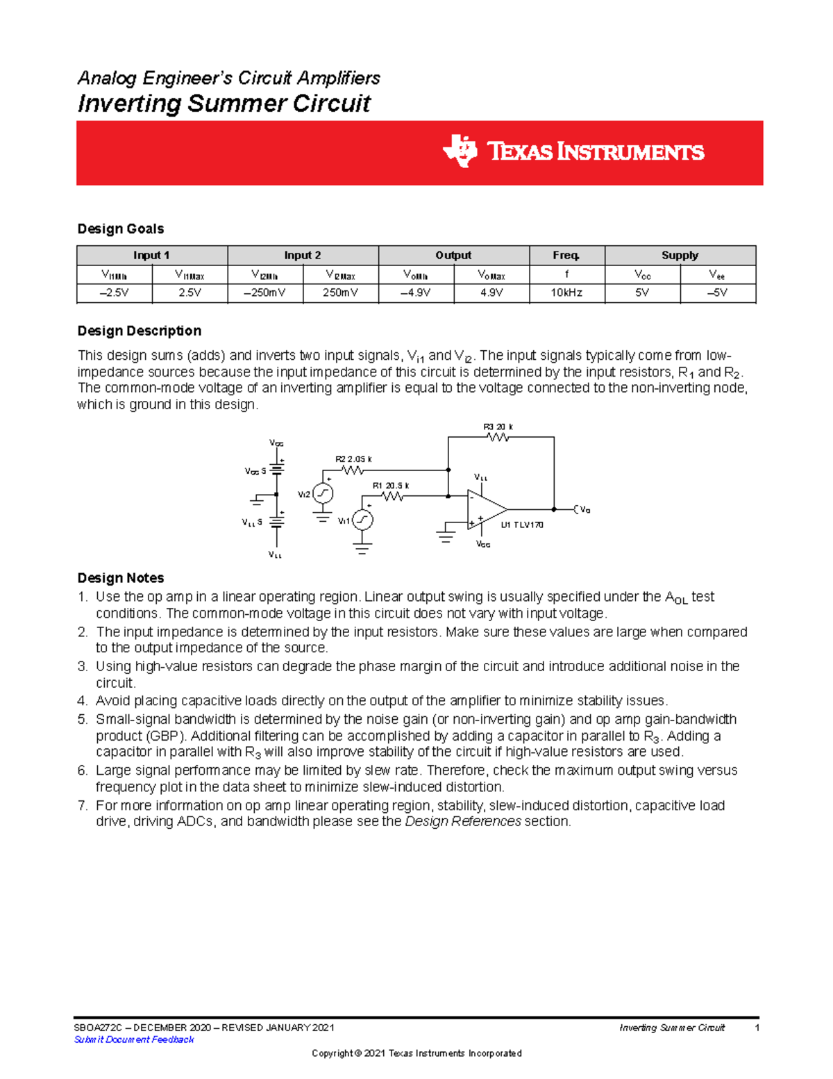 Sboa272c - KO JFFFFFFFFFFFFFF - Analog Engineer’s Circuit Amplifiers Inverting Summer Circuit ...