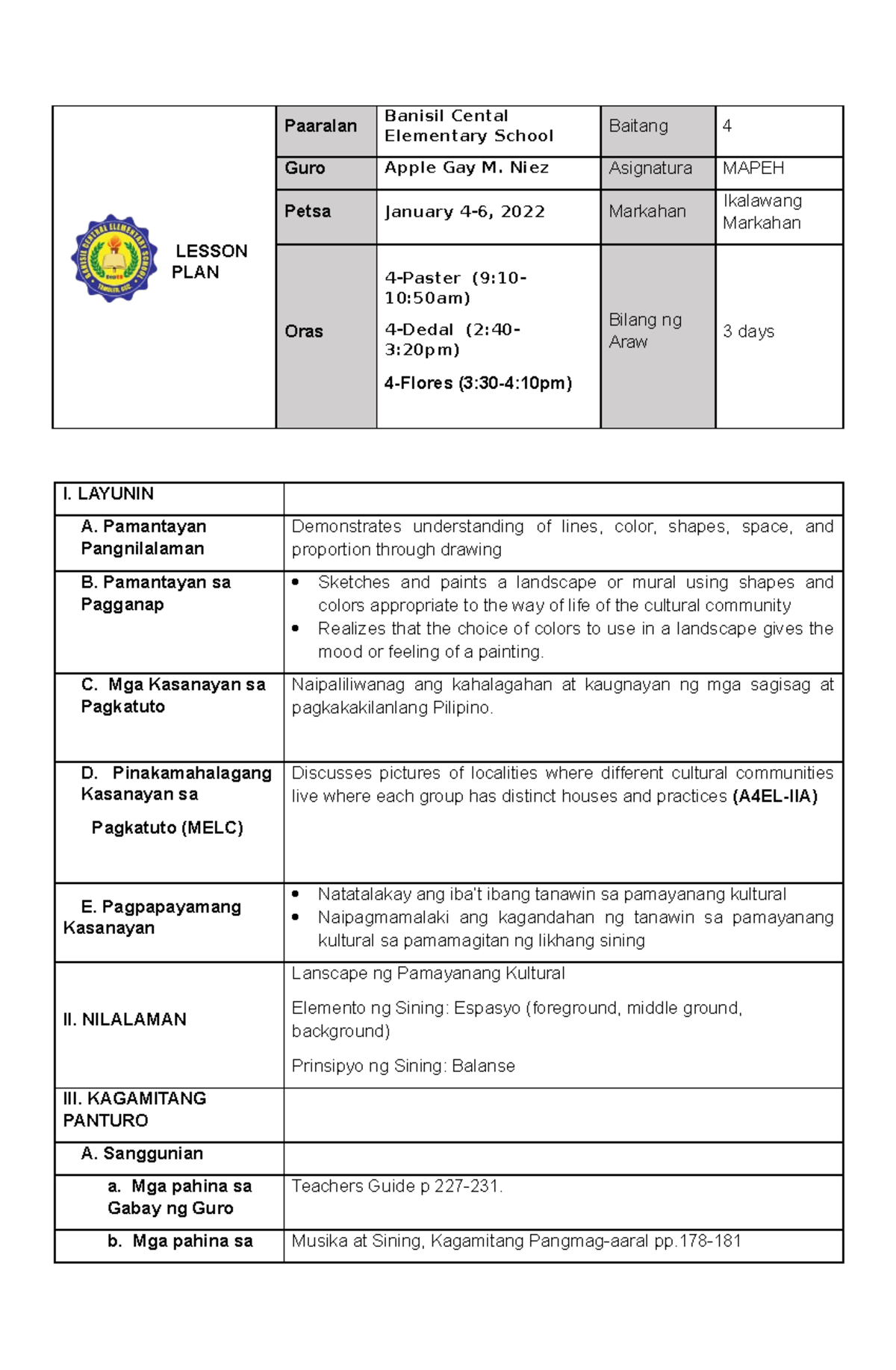ARTS-Q2 WEEK 7 - Sample Lesson Plan - LESSON PLAN Paaralan Banisil ...