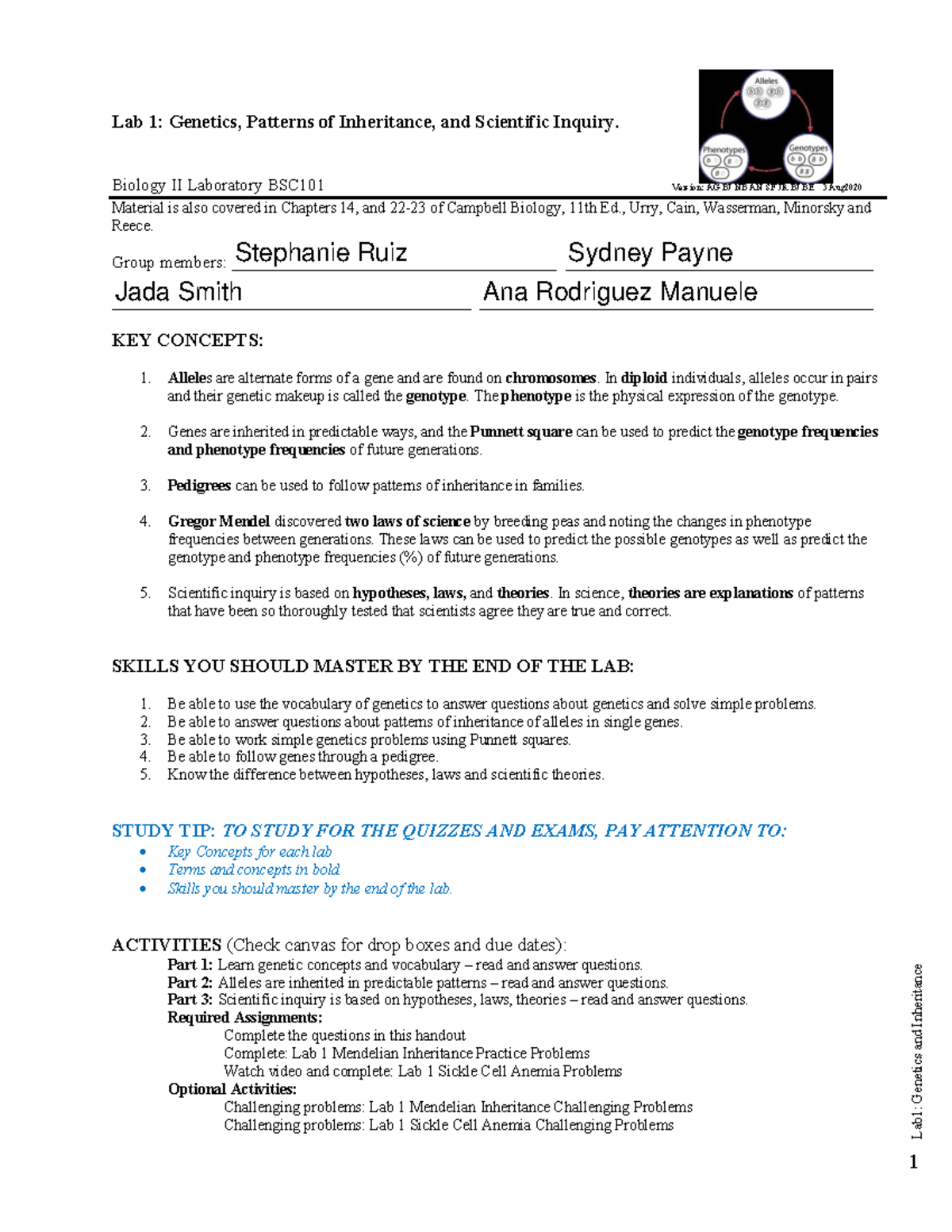 Lab 1-Genetics and Inheritance 4August 2020 - Lab1: Genetic s and ...