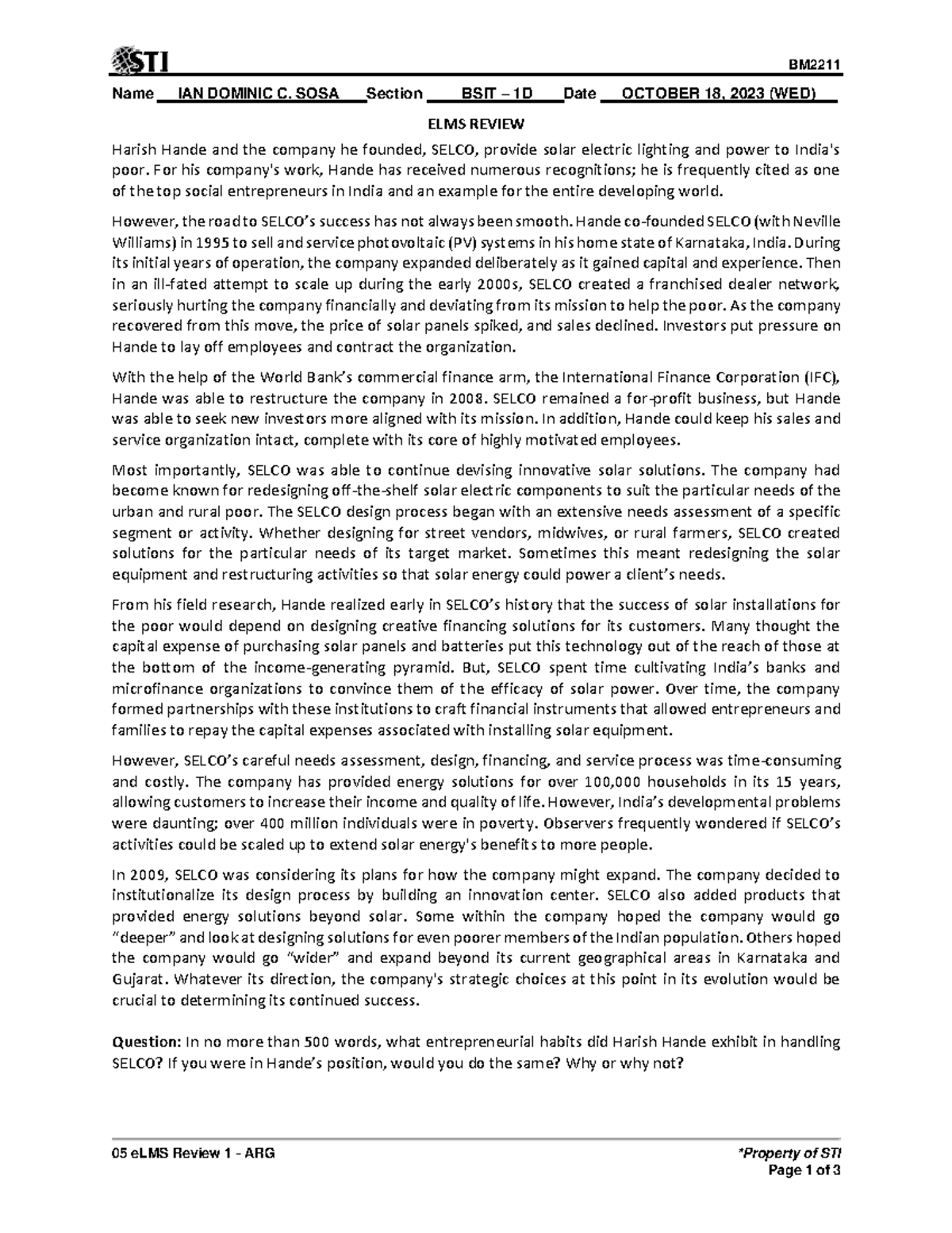 05 e LMS Review 1 - ARG(10) - BM Name IAN DOMINIC C. SOSA Section BSIT – 1D Date OCTOBER 18 ...