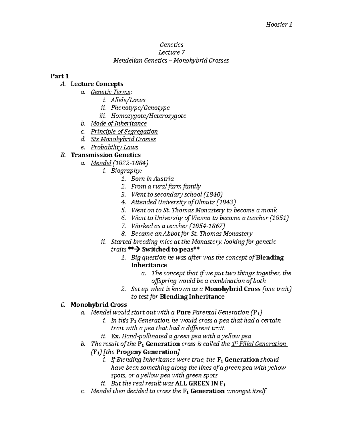 L7 – Mendelian Genetics - Genetics Lecture 7 Mendelian Genetics ...