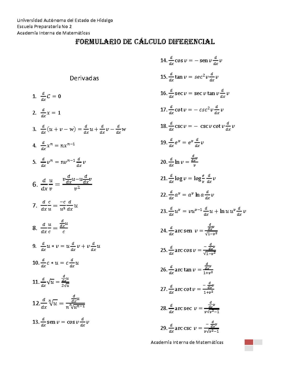 Formulario de cálculo diferencial e integral - Universidad Autónoma del ...
