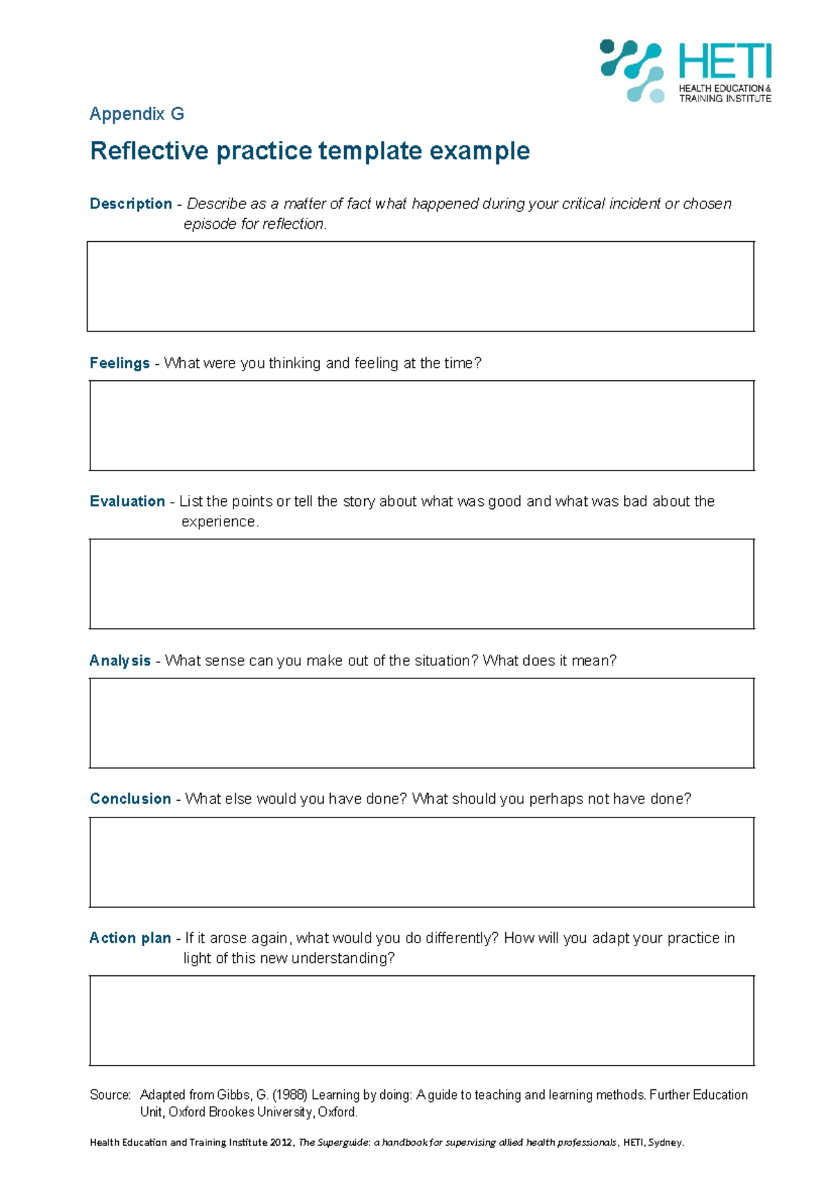 Reflective practice template example - Appendix G Reflective practice ...