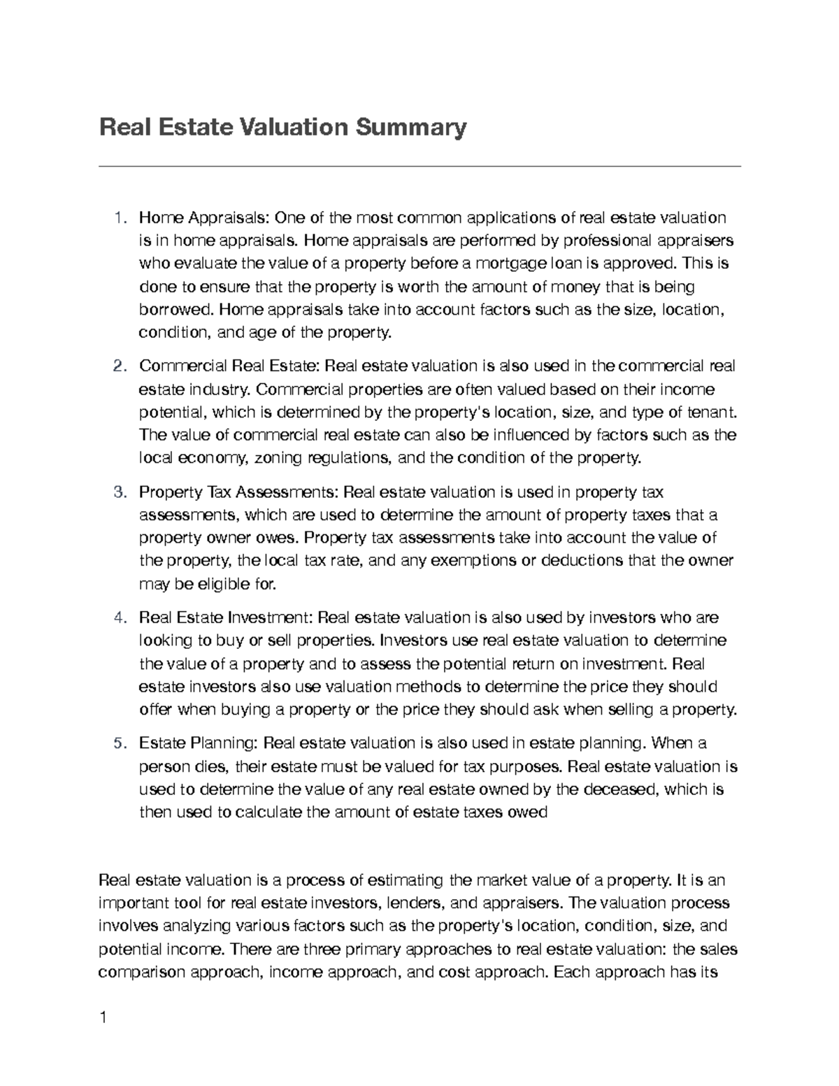 Real Estate Valuation Summary - Home appraisals are performed by ...