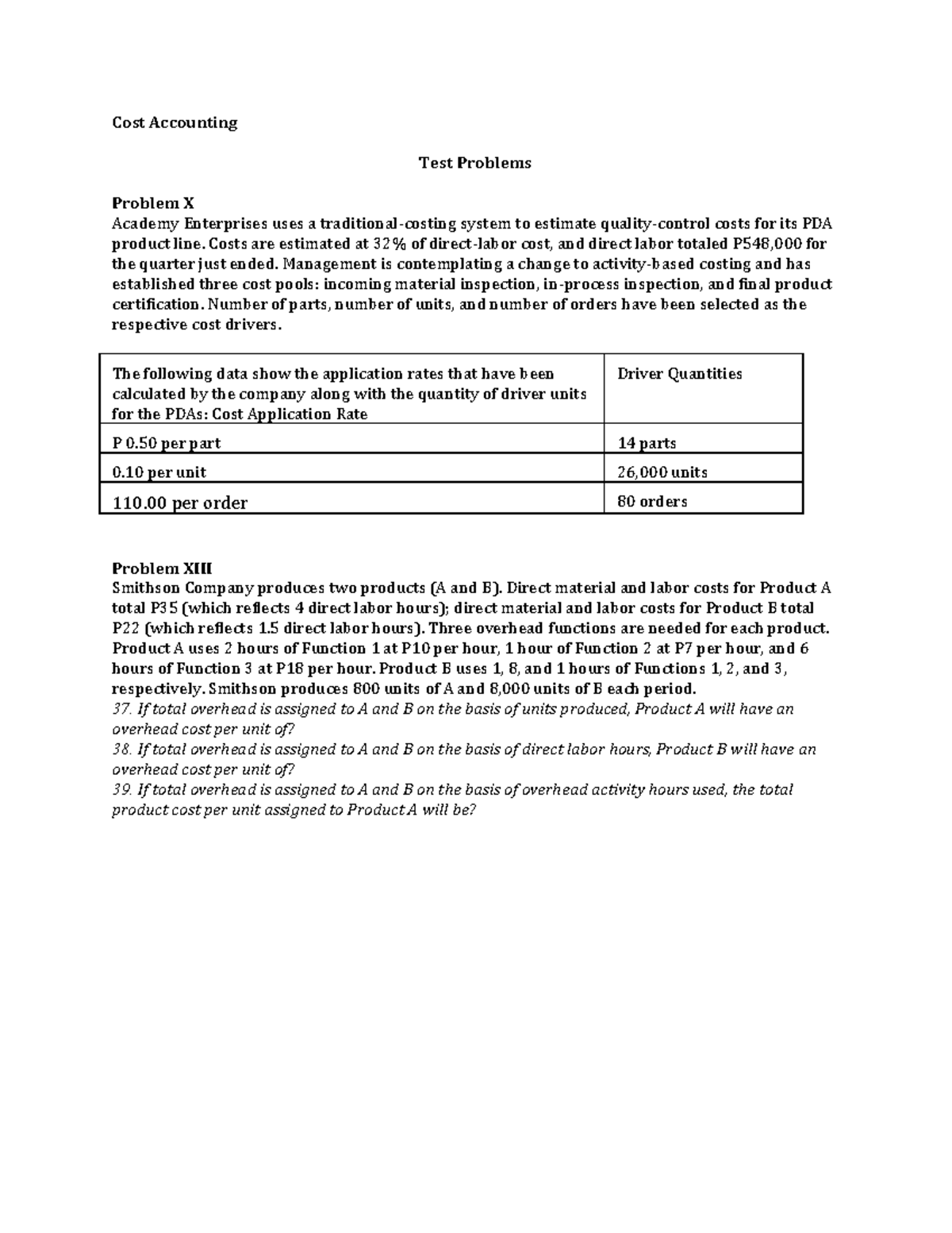 Cost Acc Test Problem Cost Accounting Test Problems Problem X