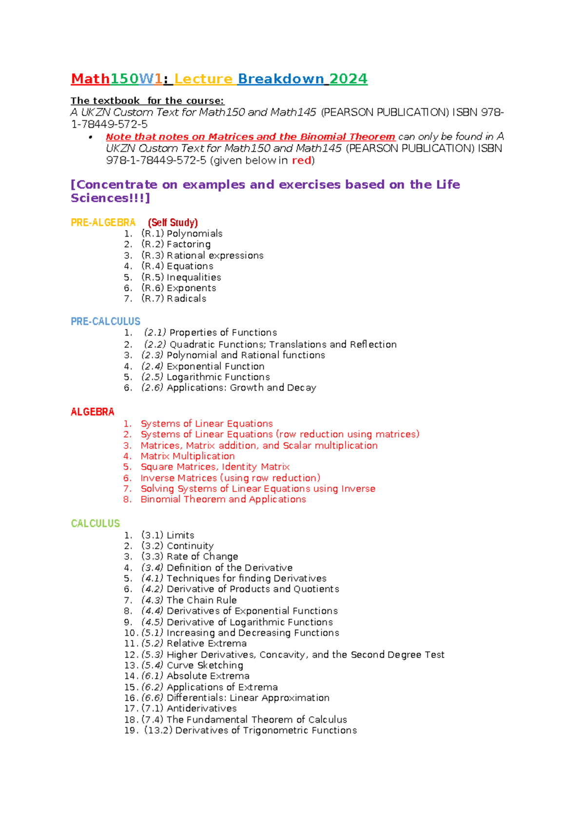 Lecture Breakdown 2024 - Math 150 W 1 : Lecture Breakdown 2024 The ...