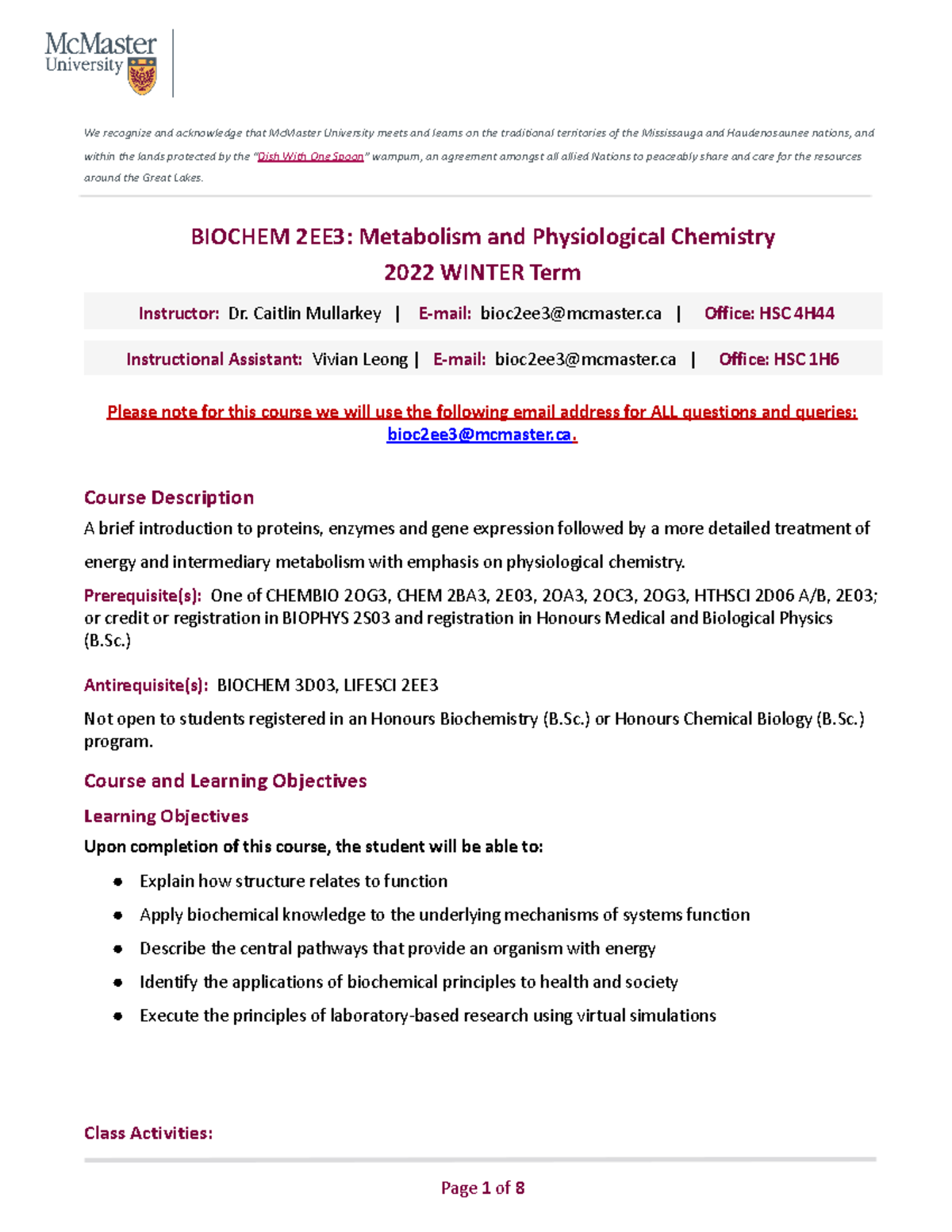 Biochem 2EE3 - Description of course - We recognize and acknowledge ...