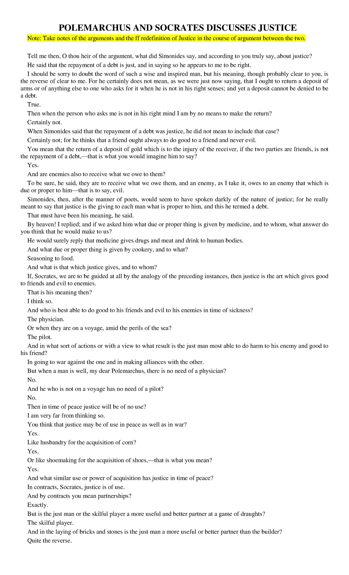 Polemarchus AND Socrates Discusses Justice - POLEMARCHUS AND SOCRATES ...