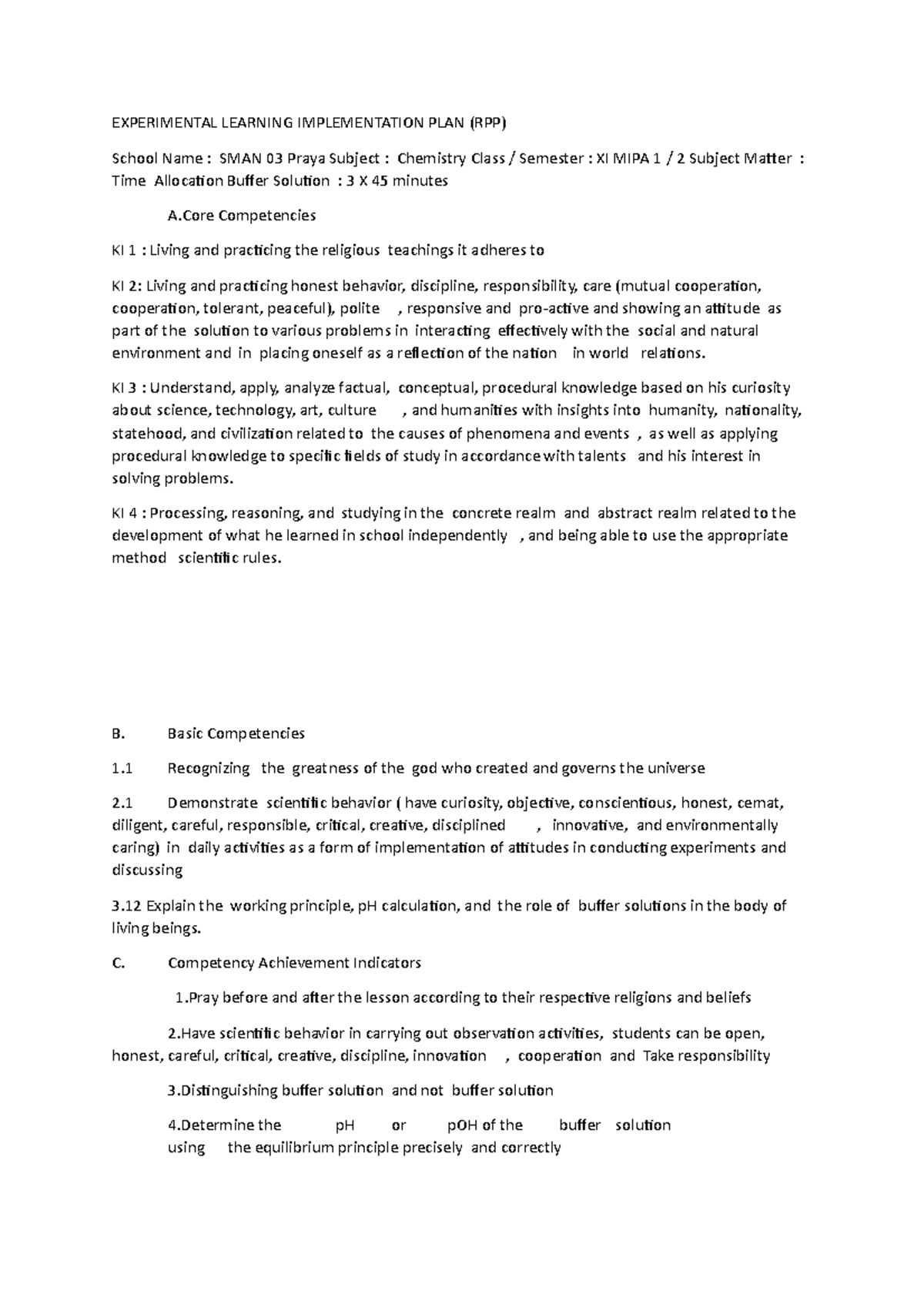 Experimental Learning Implementation PLAN - EXPERIMENTAL LEARNING ...