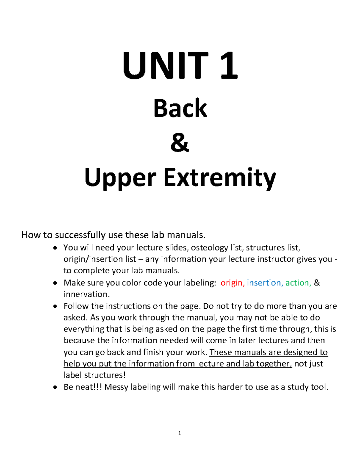 UNIT 1 Back & Upper Extremity LAB Manual 2021 Functional Human Anatomy ...