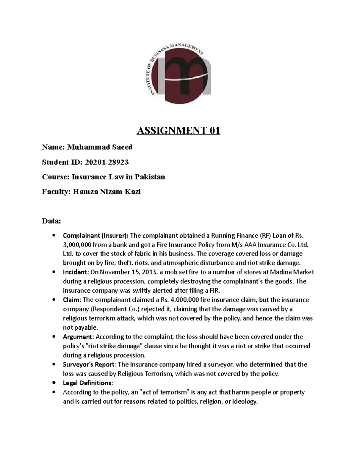 Assignment 01 Insurance - ASSIGNMENT 01 Name: Muhammad Saeed Student ID ...