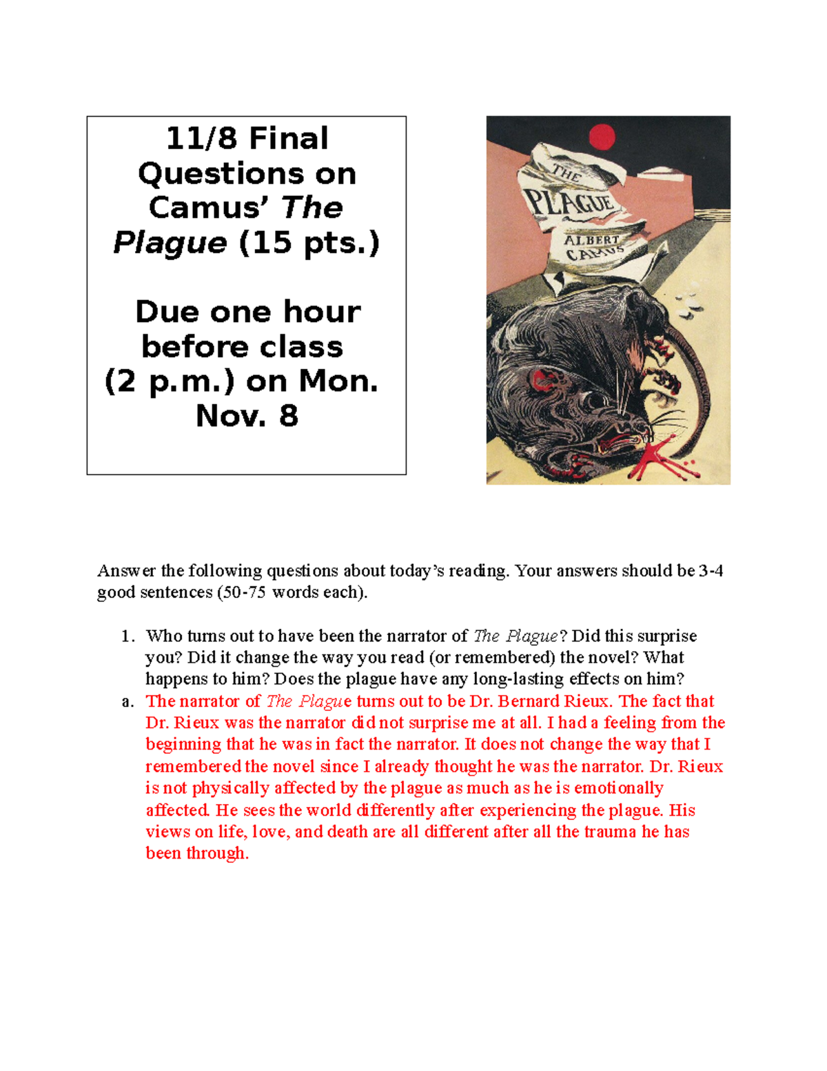 Final Questions on The Plague - Answer the following questions about ...