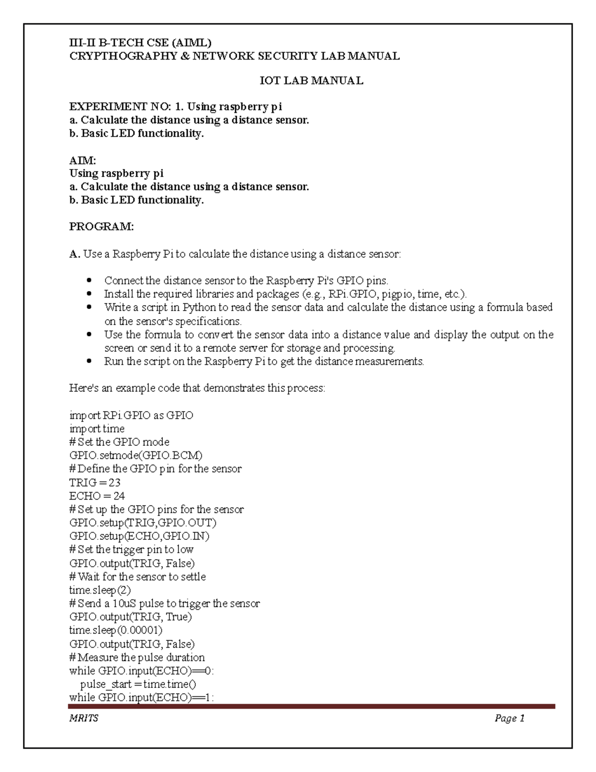 IOT LAB Manual Programs - CRYPTHOGRAPHY & NETWORK SECURITY LAB MANUAL IOT LAB MANUAL EXPERIMENT ...